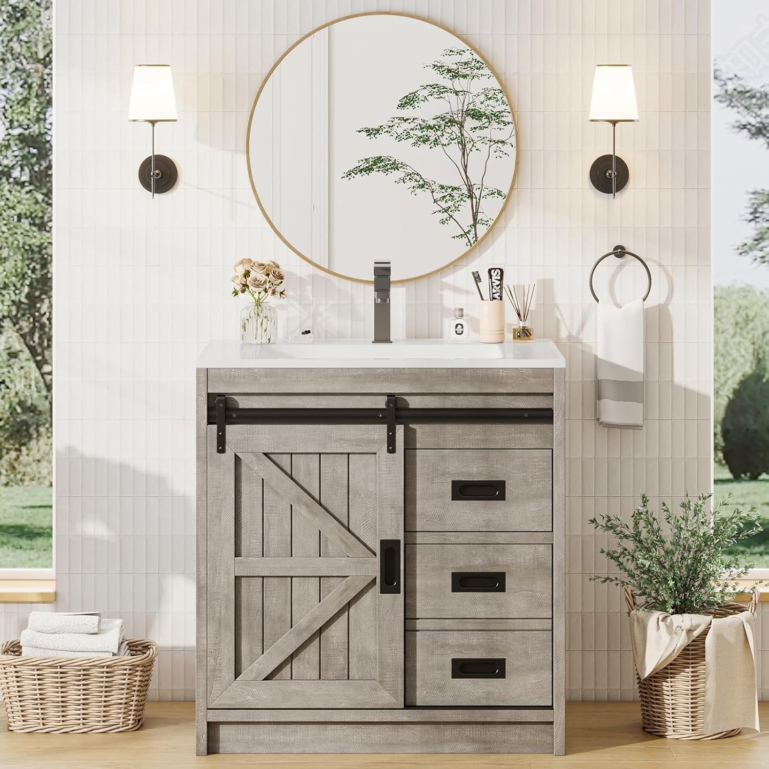 AMERLIFE 31" Farmhouse-Style Bathroom Vanity Cabinet with Sliding Barn ...