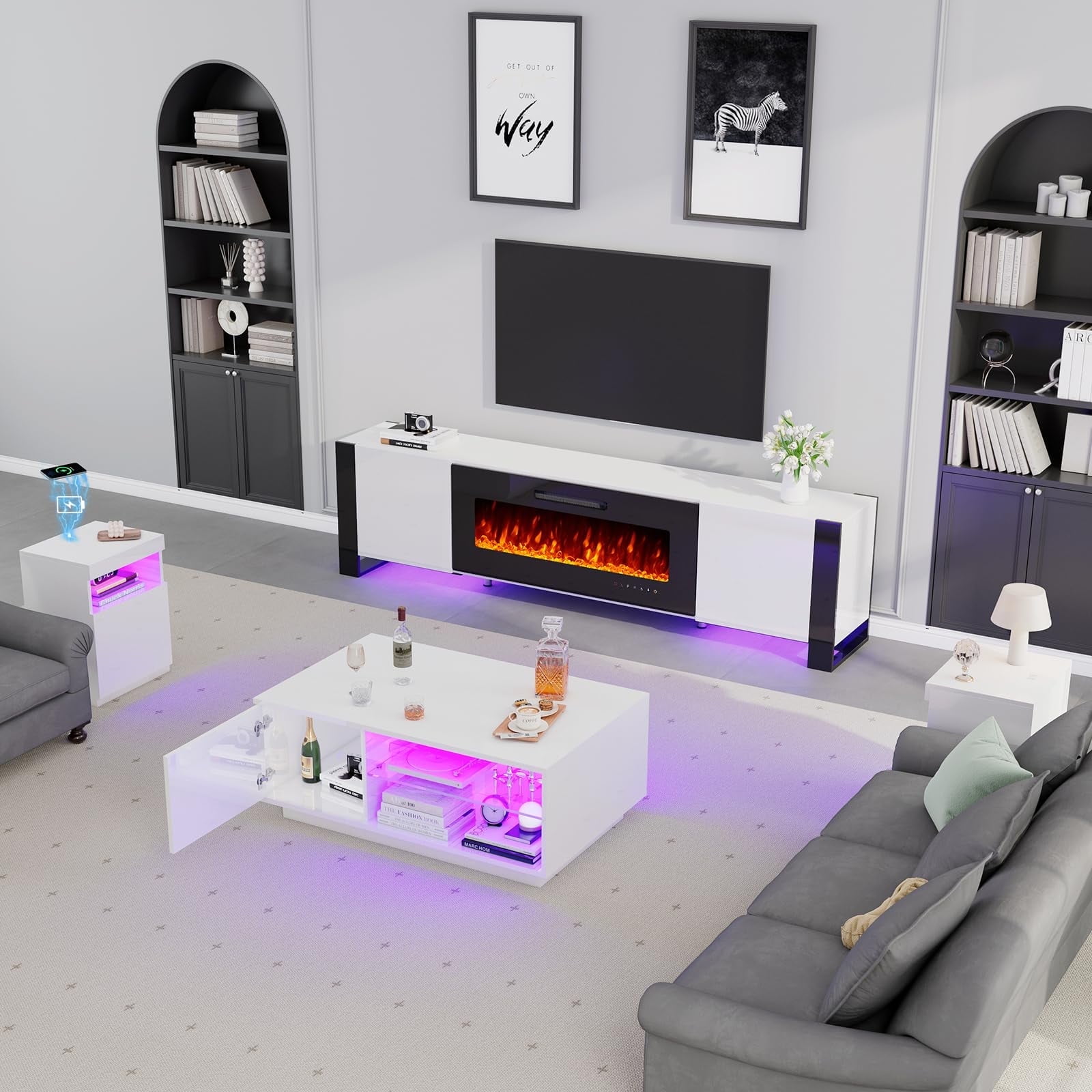 Merluxy 4 Pieces Living Room Table Set, 80'' Fireplace TV Stand, Coffee ...