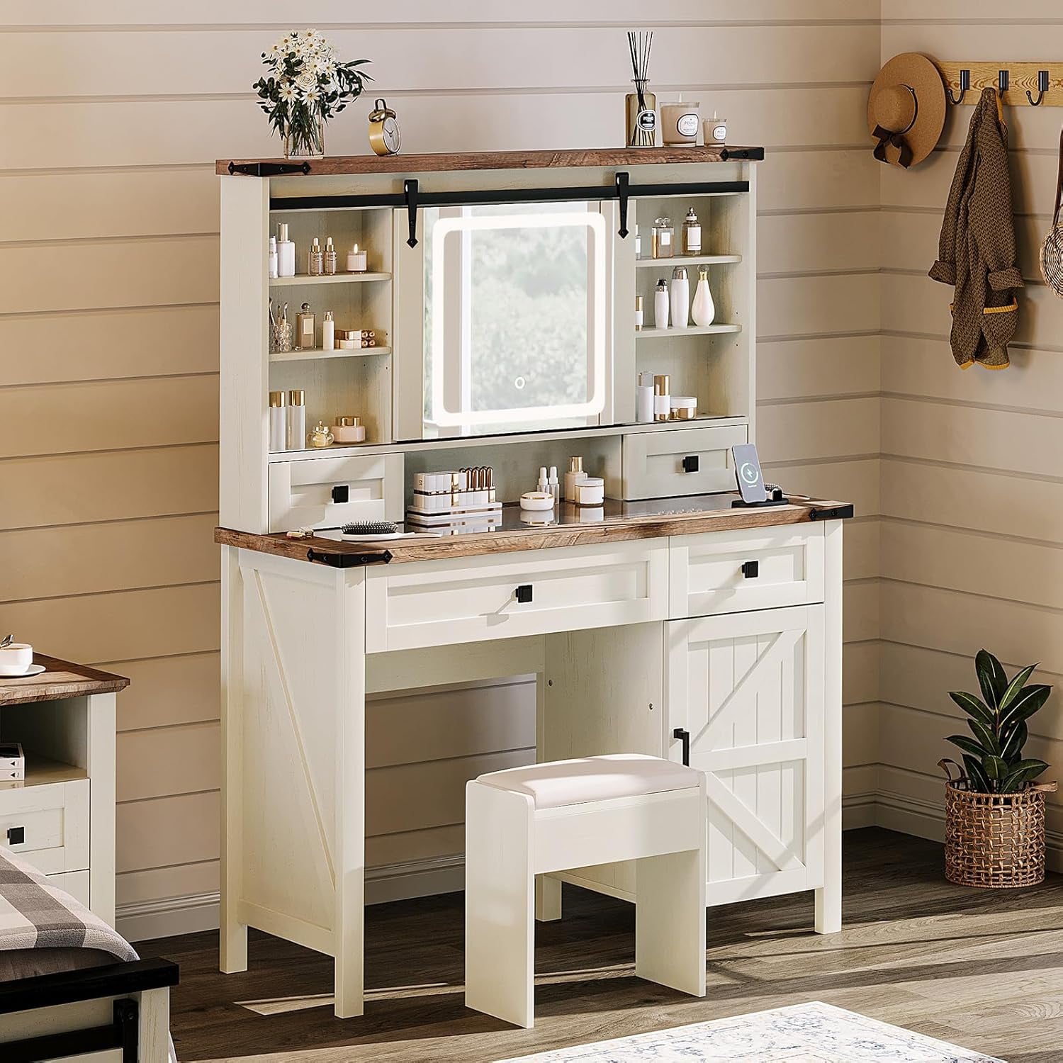 AMERLIFE 42'' Farmhouse Makeup Vanity Desk with Sliding Mirror and ...