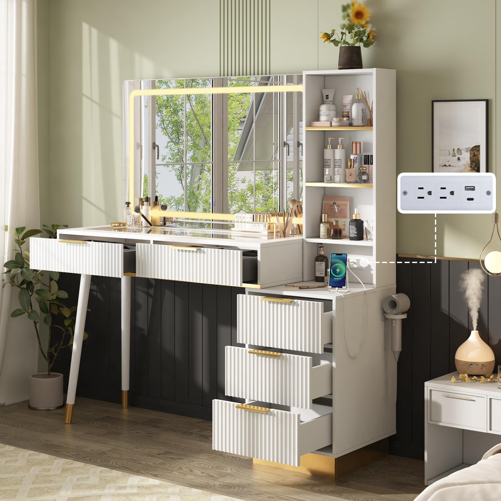 AMERLIFE 48" Vanity Desk with 35" Large Lighted Mirror, Big Modern ...