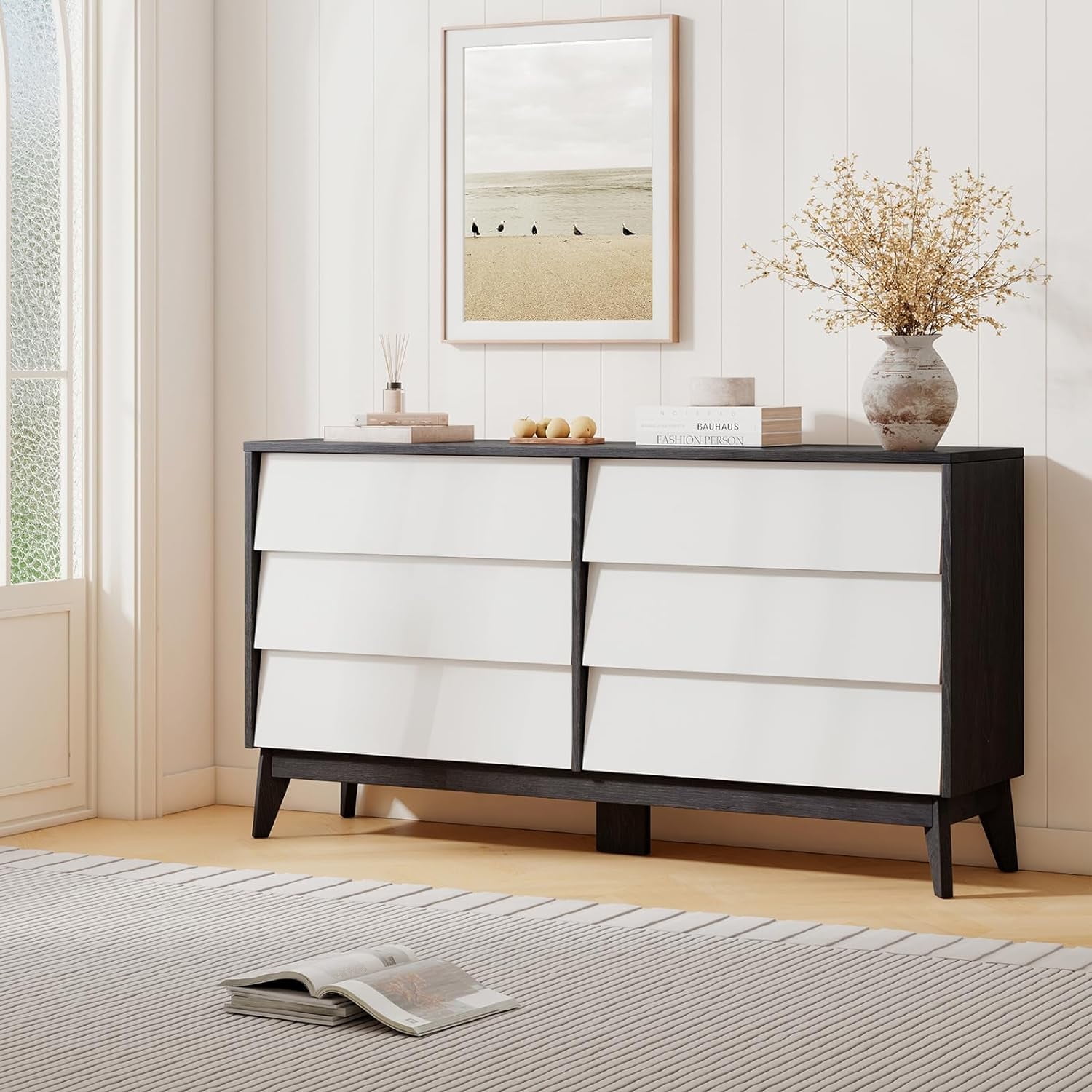 Merluxy 6 Drawer Dresser for Bedroom, Mid Century Wood End Table, White ...