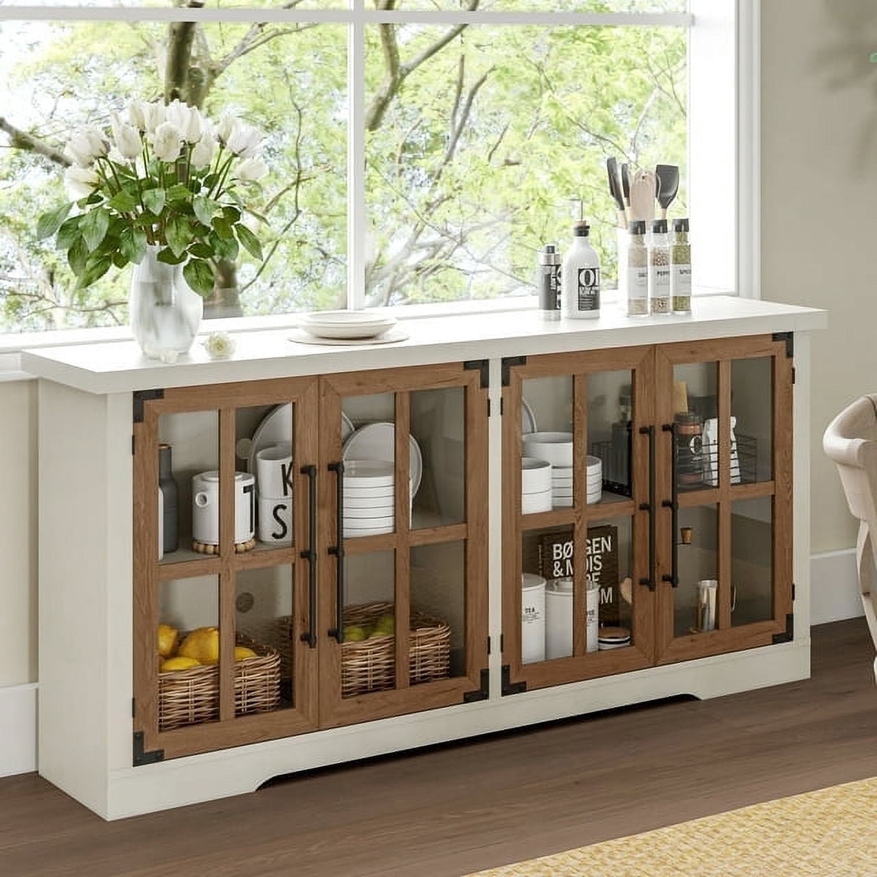AMERLIFE 63" Modern Farmhouse Buffet Sideboard Cabinet with Glass Doors ...