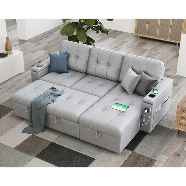 AMERLIFE 84 Inch Sleeper Sofa with 2 USB & Cup Holders, L Shape Sofa ...