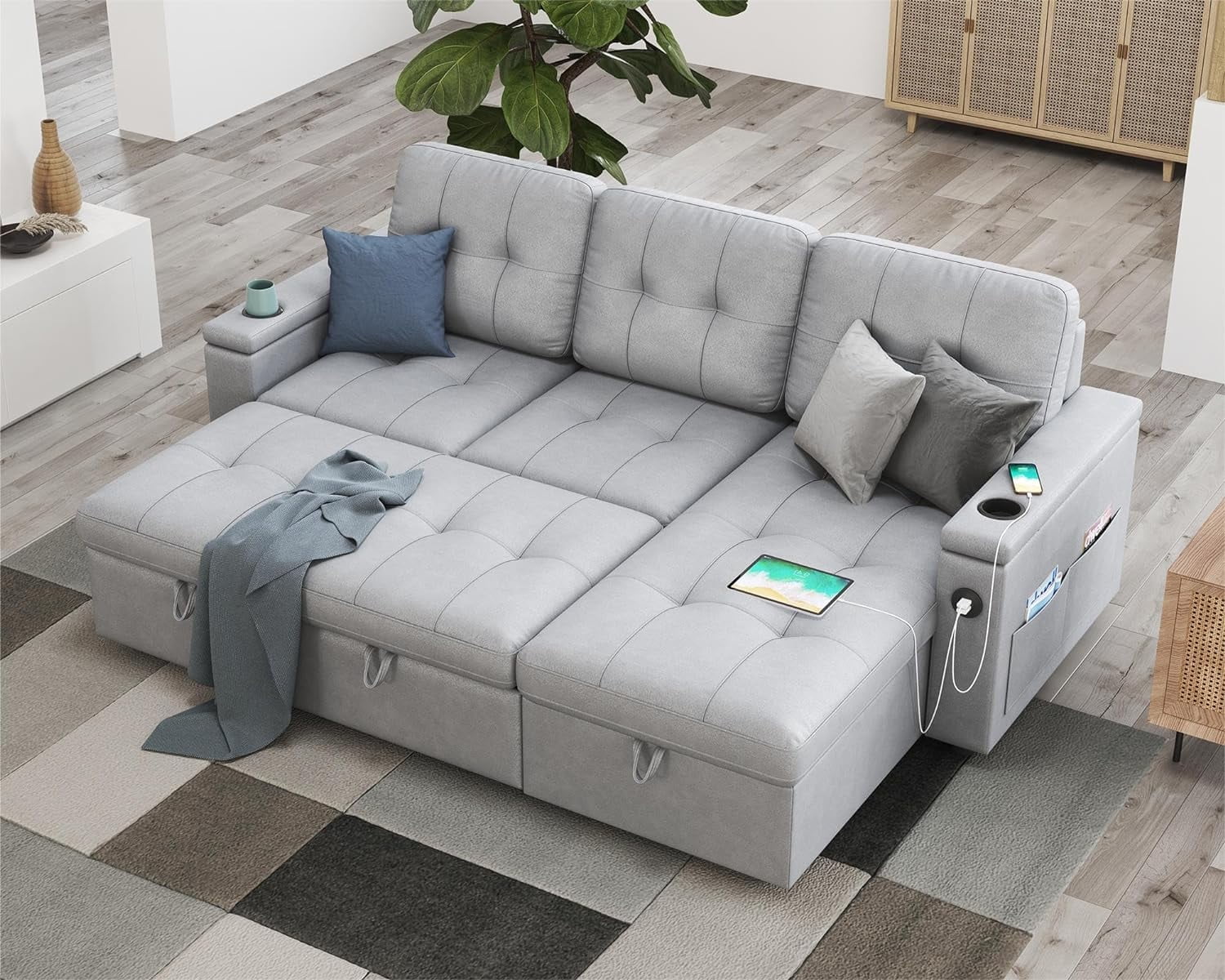 AMERLIFE 84 Inch Sectional Sleeper Sofa Bed with 2 USB Ports & Cup ...