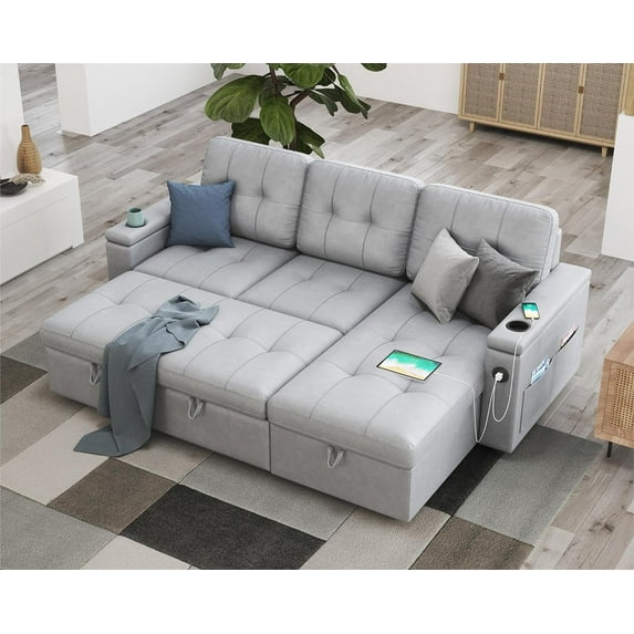 AMERLIFE 84 Inch Sectional Sleeper Sofa Bed with 2 USB Ports & Cup Holders, Storage Chaise ...