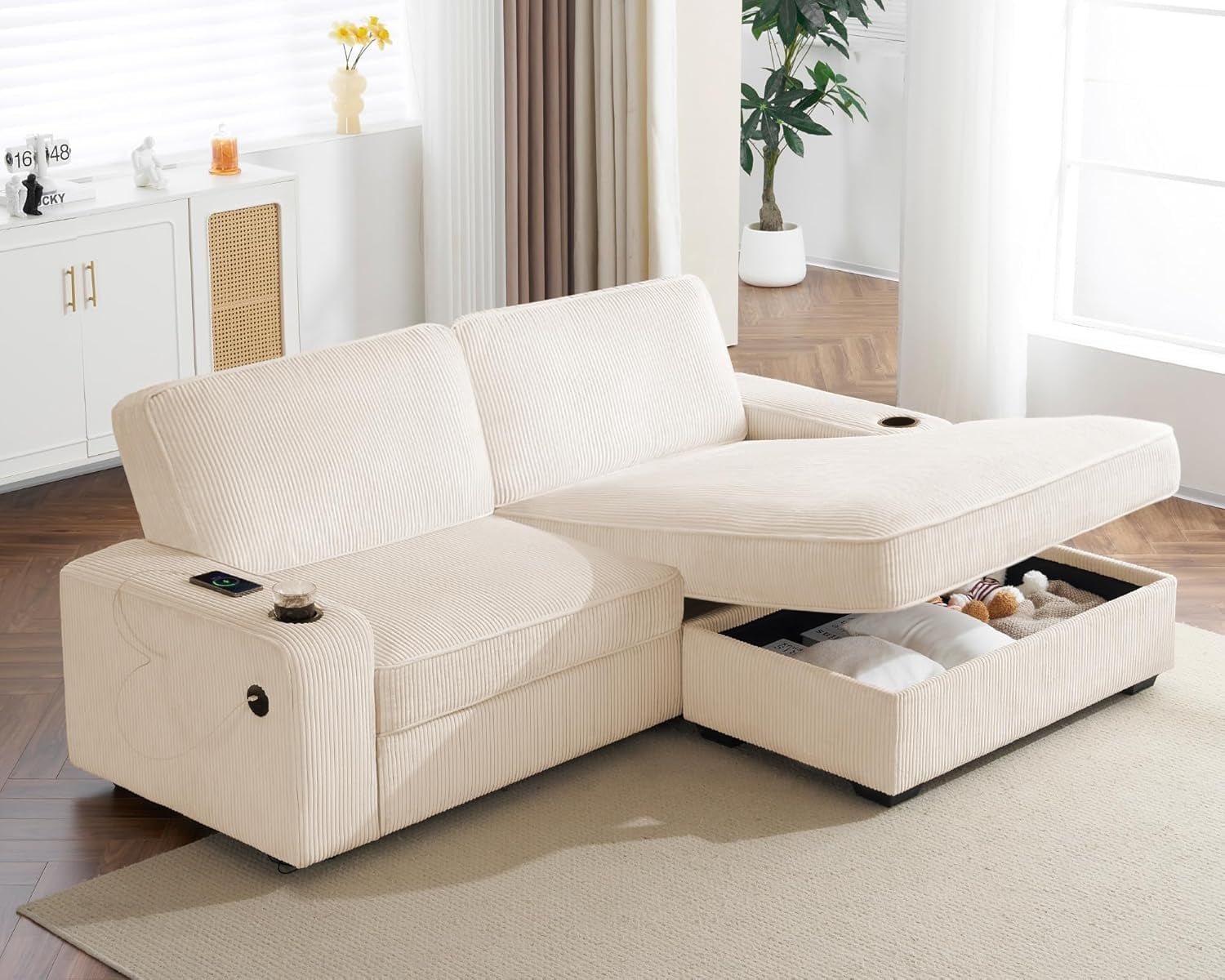 VANACC Couch, L Shape Sofa with USB Charging Port& Cup Holder, Beige ...