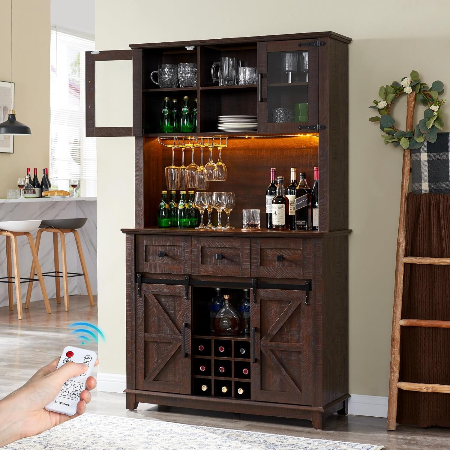 AMERLIFE Coffee Bar Cabinet with Sliding Barn Door, 72'' Farmhouse ...