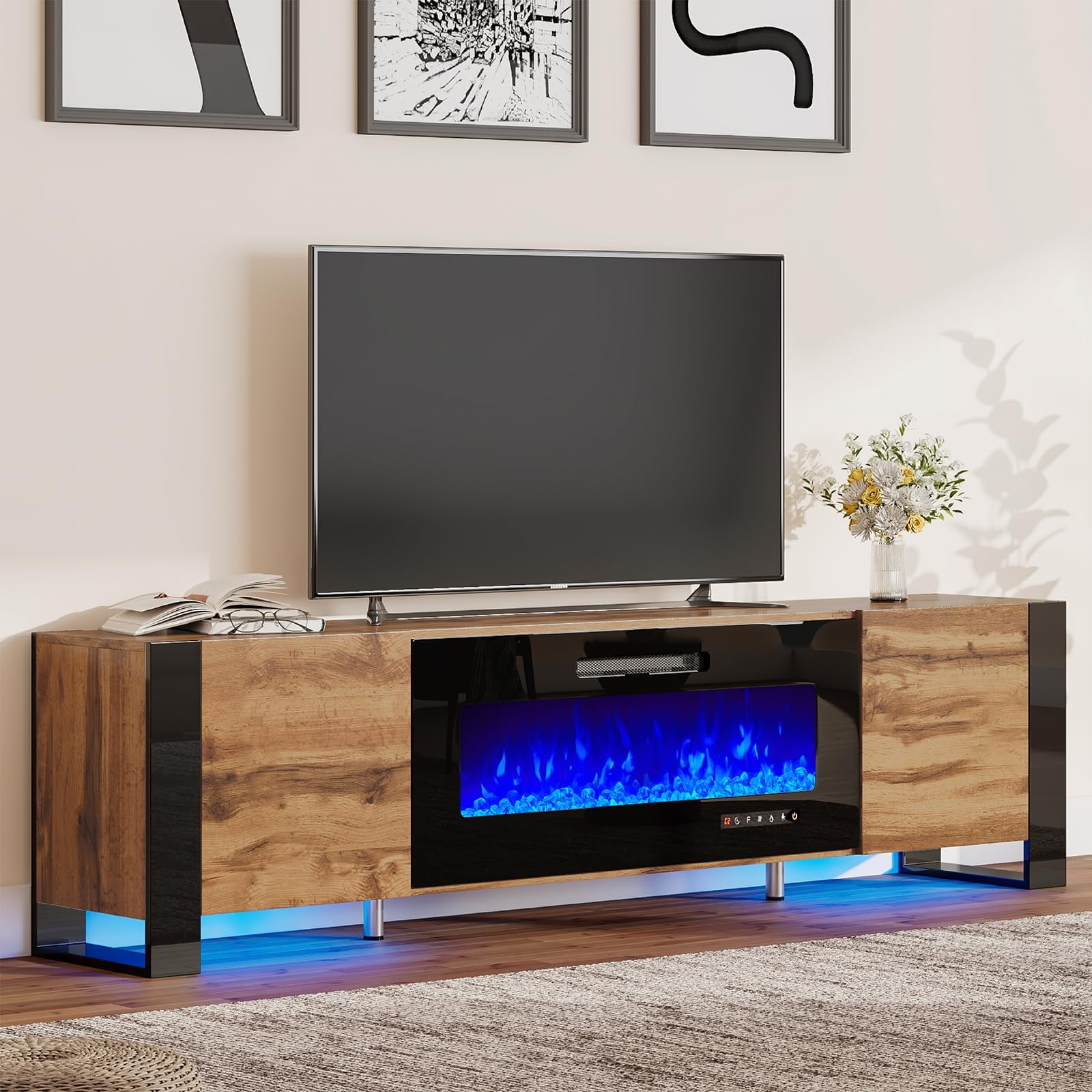 Merluxy Fireplace TV Stand, 70" Entertainment Center LED Lights, Rustic ...