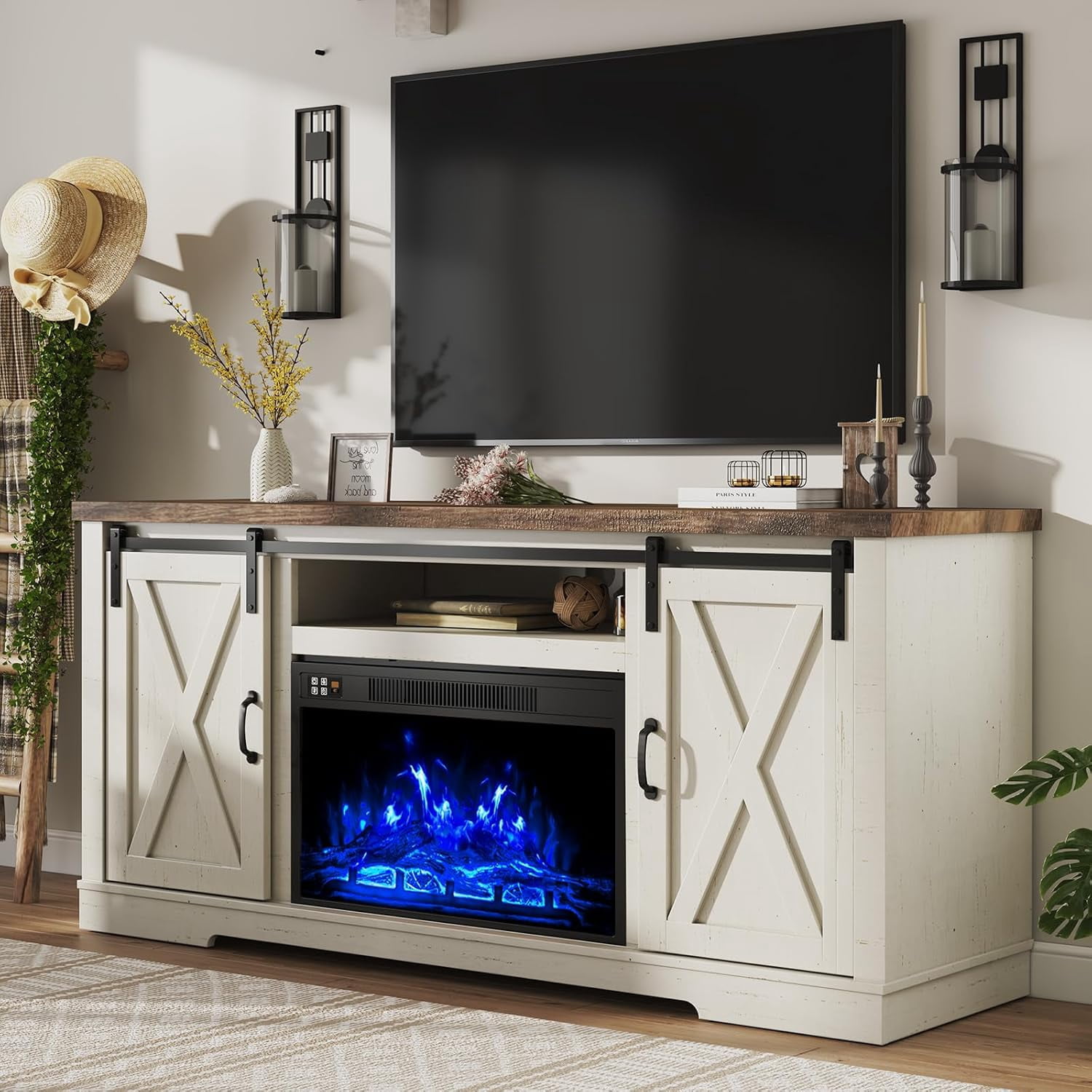 AMERLIFE Fireplace TV Stand with Sliding Barn Door for TVs up to 73 ...