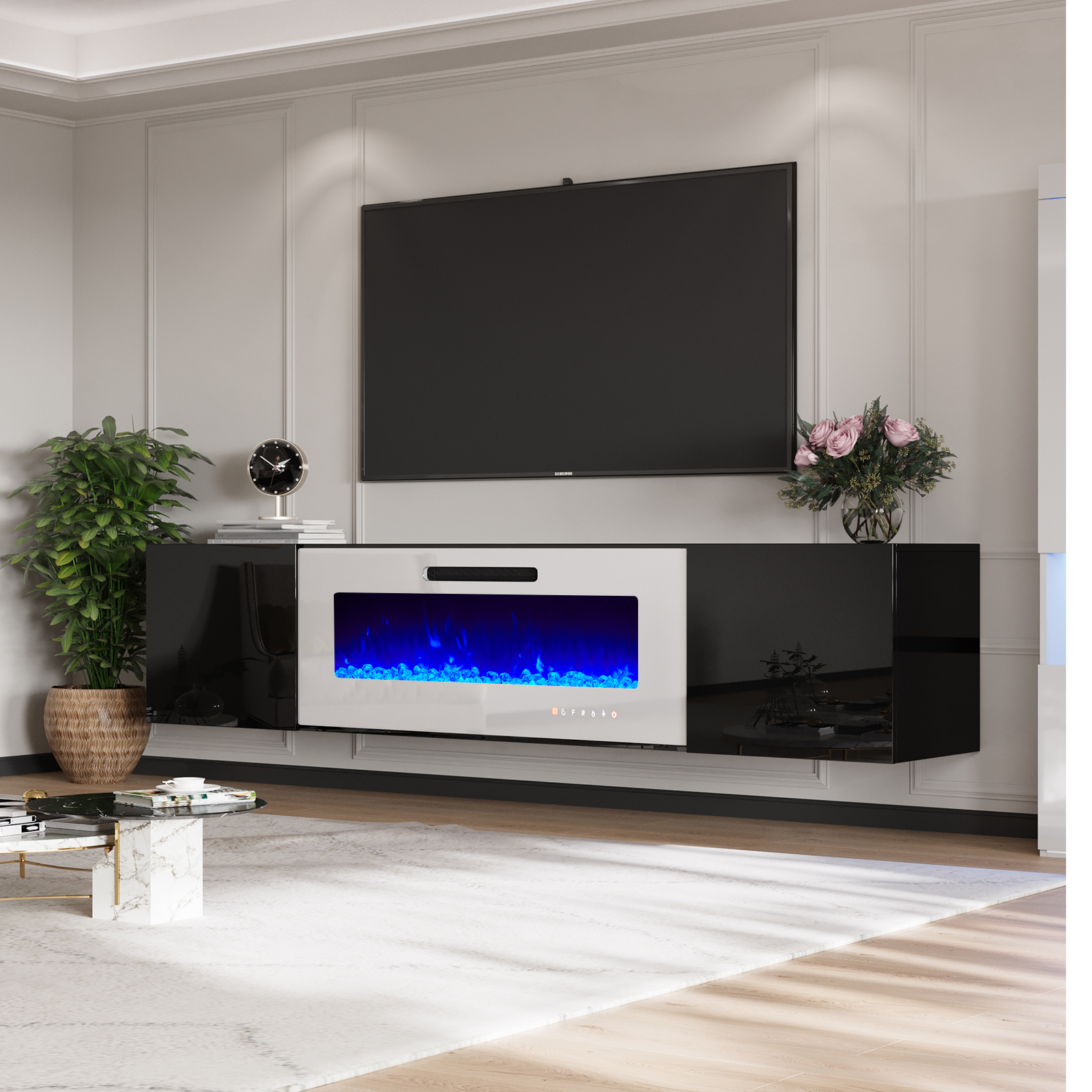 AMERLIFE Floating Fireplace TV Stand, Wall Mounted Mirrored ...