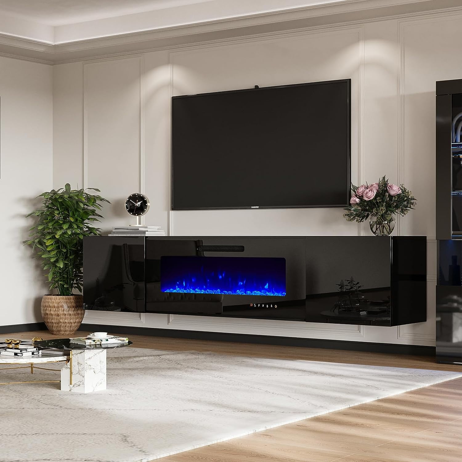 "AMERLIFE Modern High Gloss Media Console, Floating Fireplace TV Stand ...