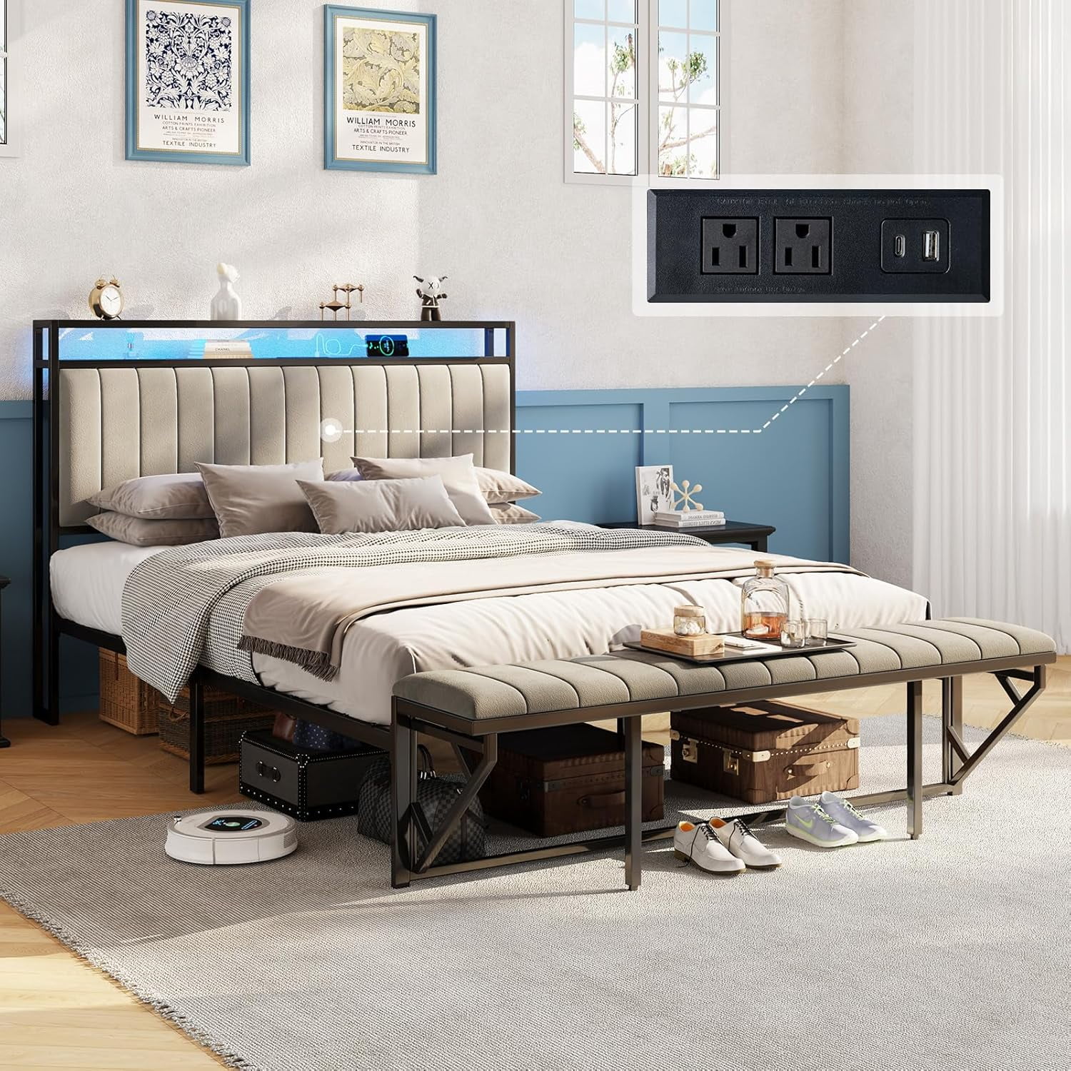 AMERLIFE Full Bed Frame with Foldable Ottoman, Velvet Upholstered ...