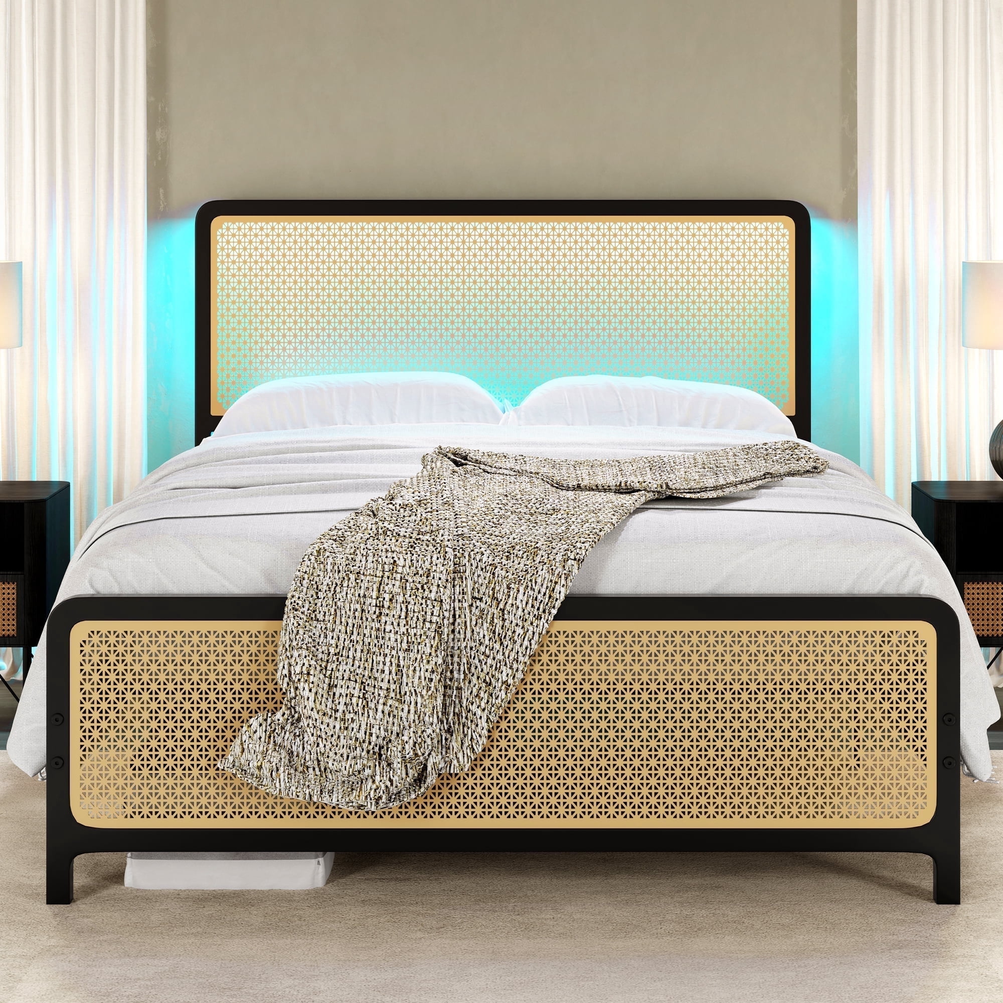 AMERLIFE Full Size LED Bed Frame with Metal Rattan Headboard, No Box ...