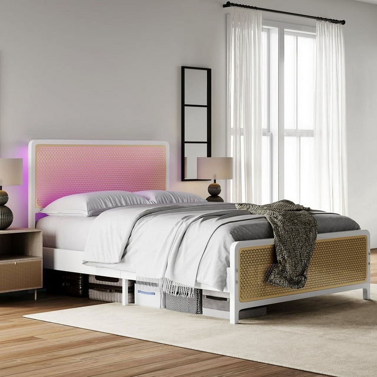AMERLIFE Full Size LED Metal Bed Frame with Rattan-Like Headboard ...