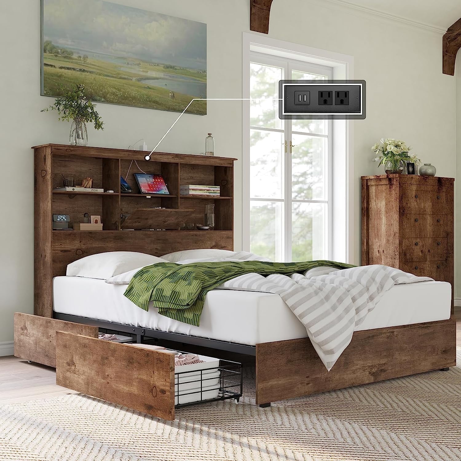 VANACC Full Size Bed Frame Wooden Platform Bed with 51.2 Storage Bookcase Headboard 4 Storage Drawers Charging Station No Box Spring Needed Noise