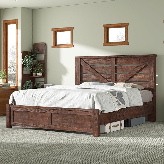 Merluxy Full Size Farmhouse Bed Frame with Barn Door Headboard ...
