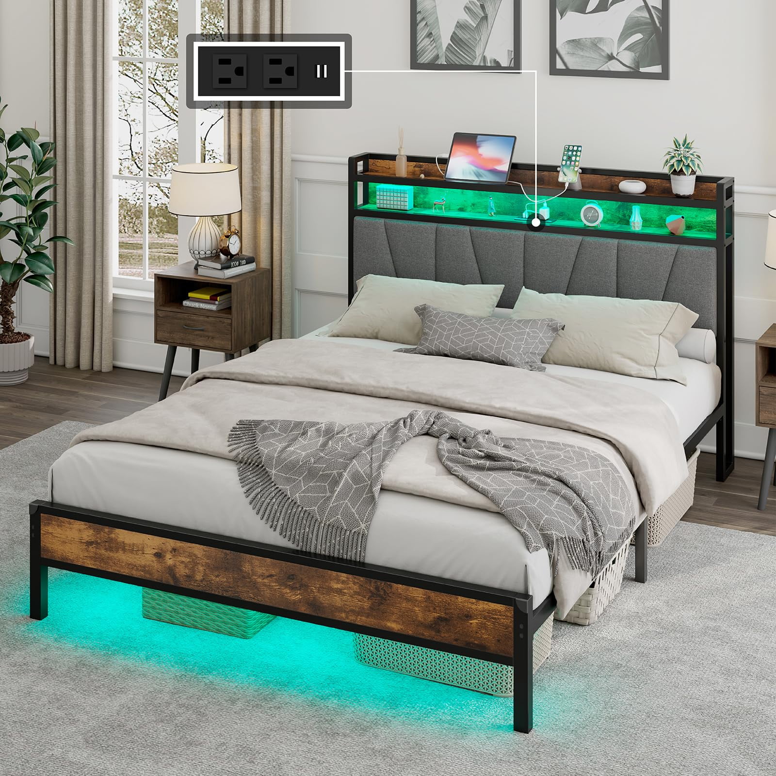 AMERLIFE Full Size LED Bed Frame, Storage Headboard with Charging ...