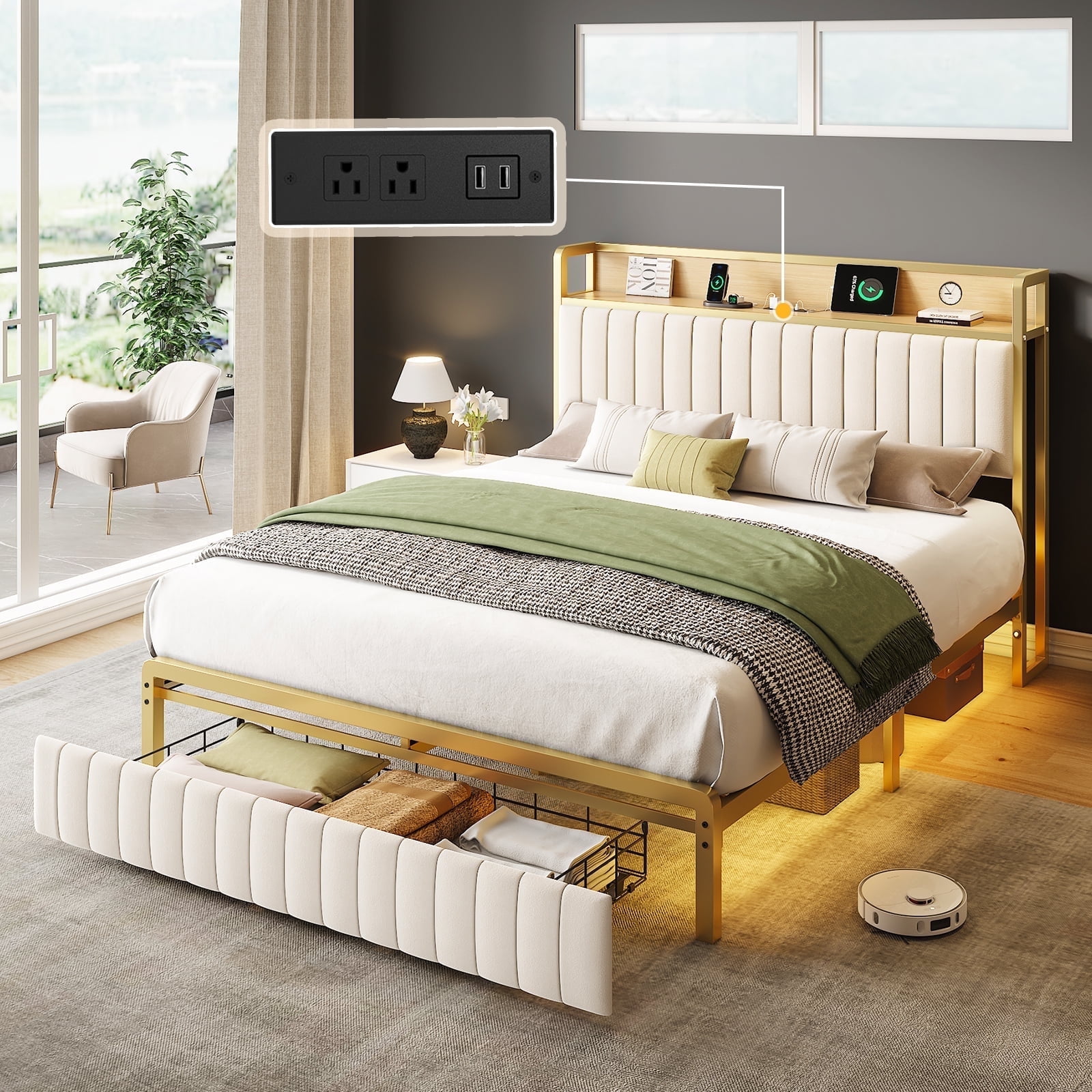 VANACC Full Size Storage LED Bed Frame with Motion Sensor Light, Drawer ...