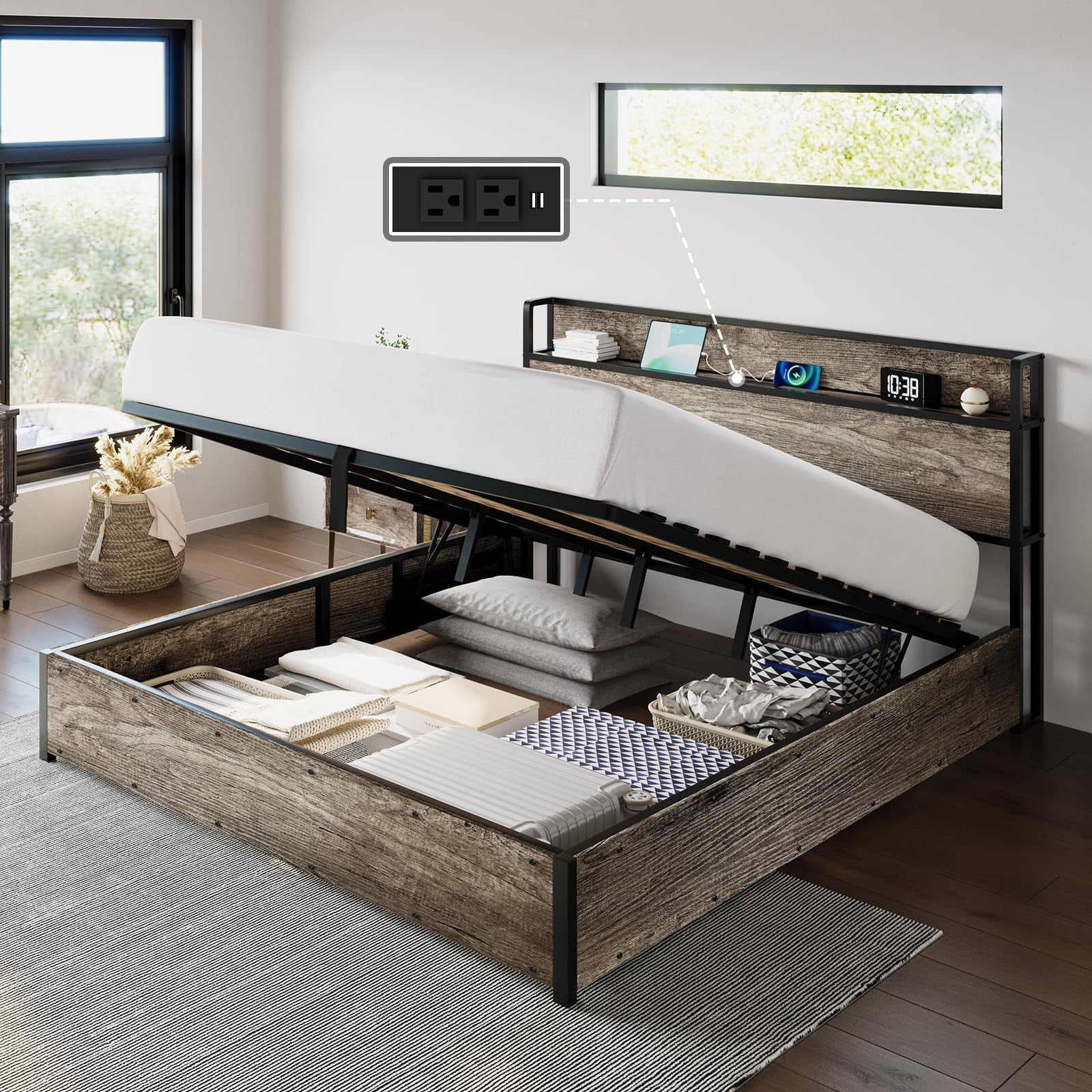 AMERLIFE King Size Lift Up Storage Bed Frame, Wooden Platform Bed Frame ...