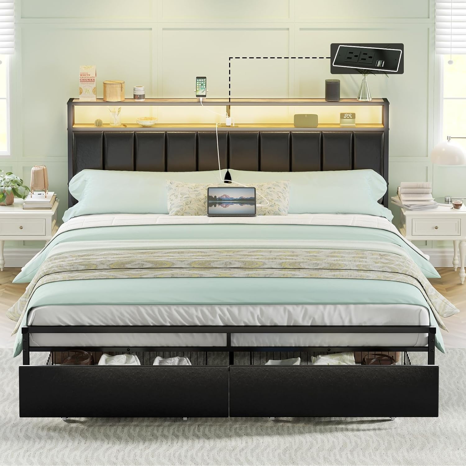 AMERLIFE LED Bed Frame with Drawers, Full Platform Bed Frame with 2 ...