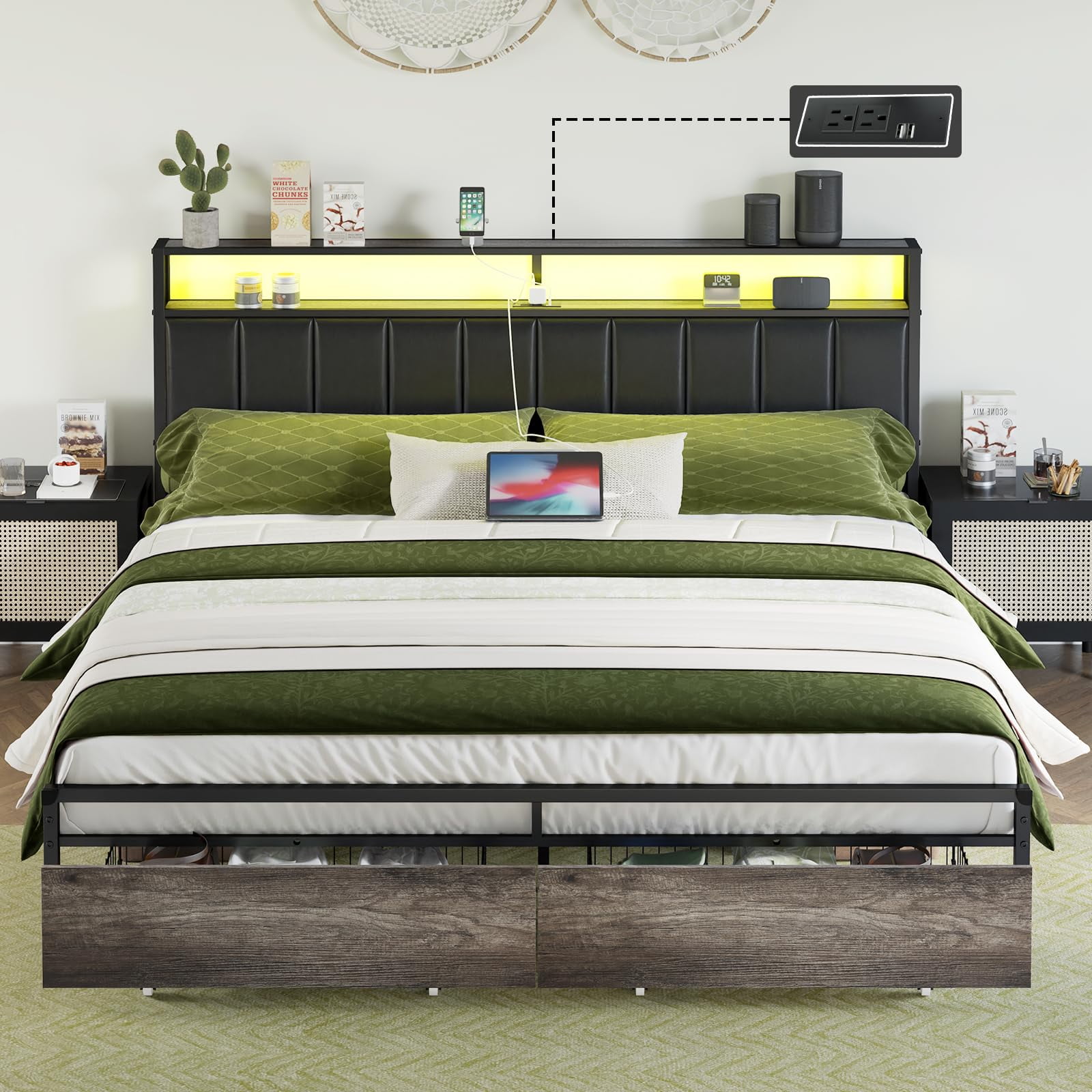 AMERLIFE LED Bed Frame with Drawers, King Platform Bed Frame with 2 ...
