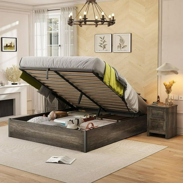 Merluxy Lift Up Storage Bed Wood Platform King Size Bed Frame No Fixed Headboard Rustic Grey Gray