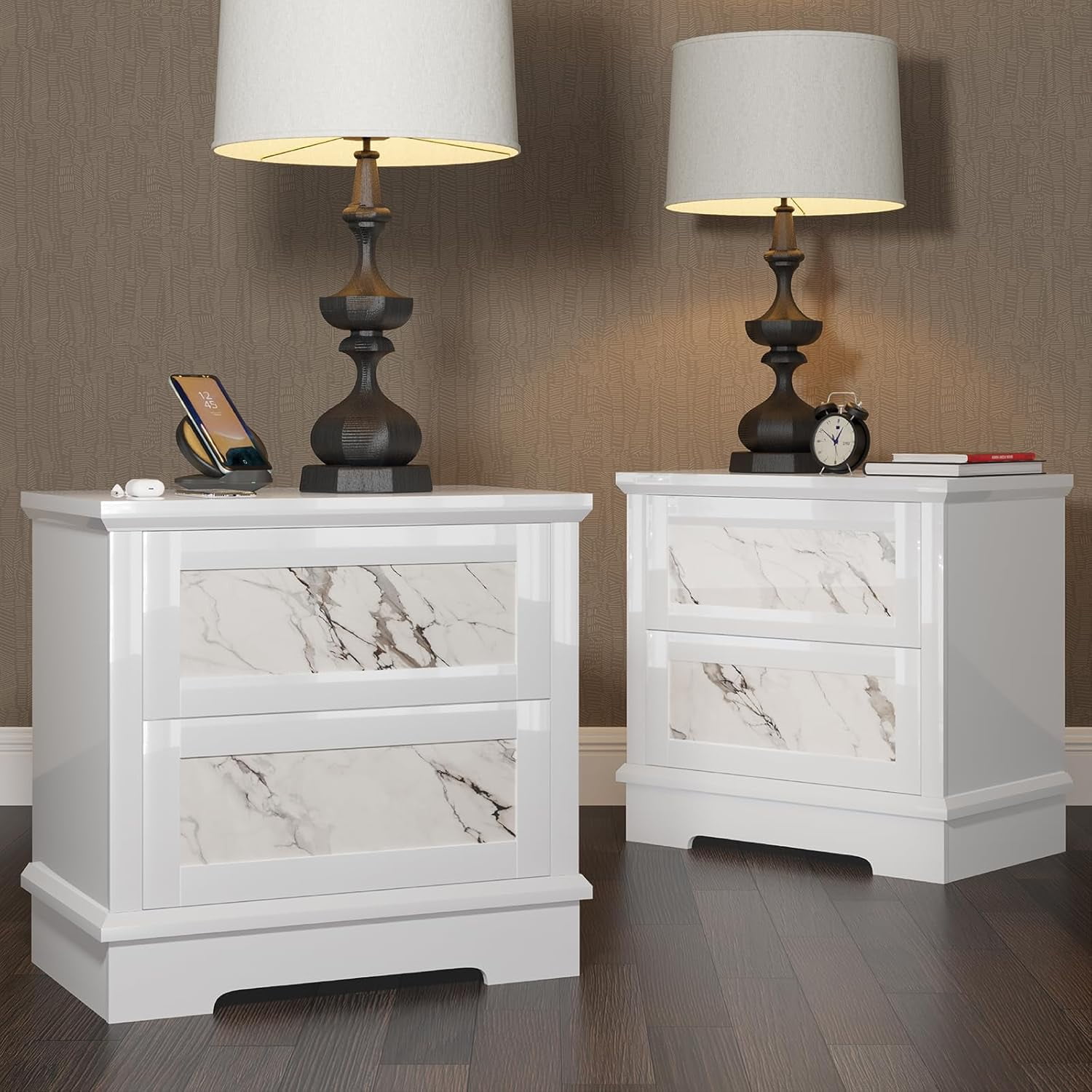 AMERLIFE Luxury Natural Marble Nightstand Set of 2 with Drawers, High ...
