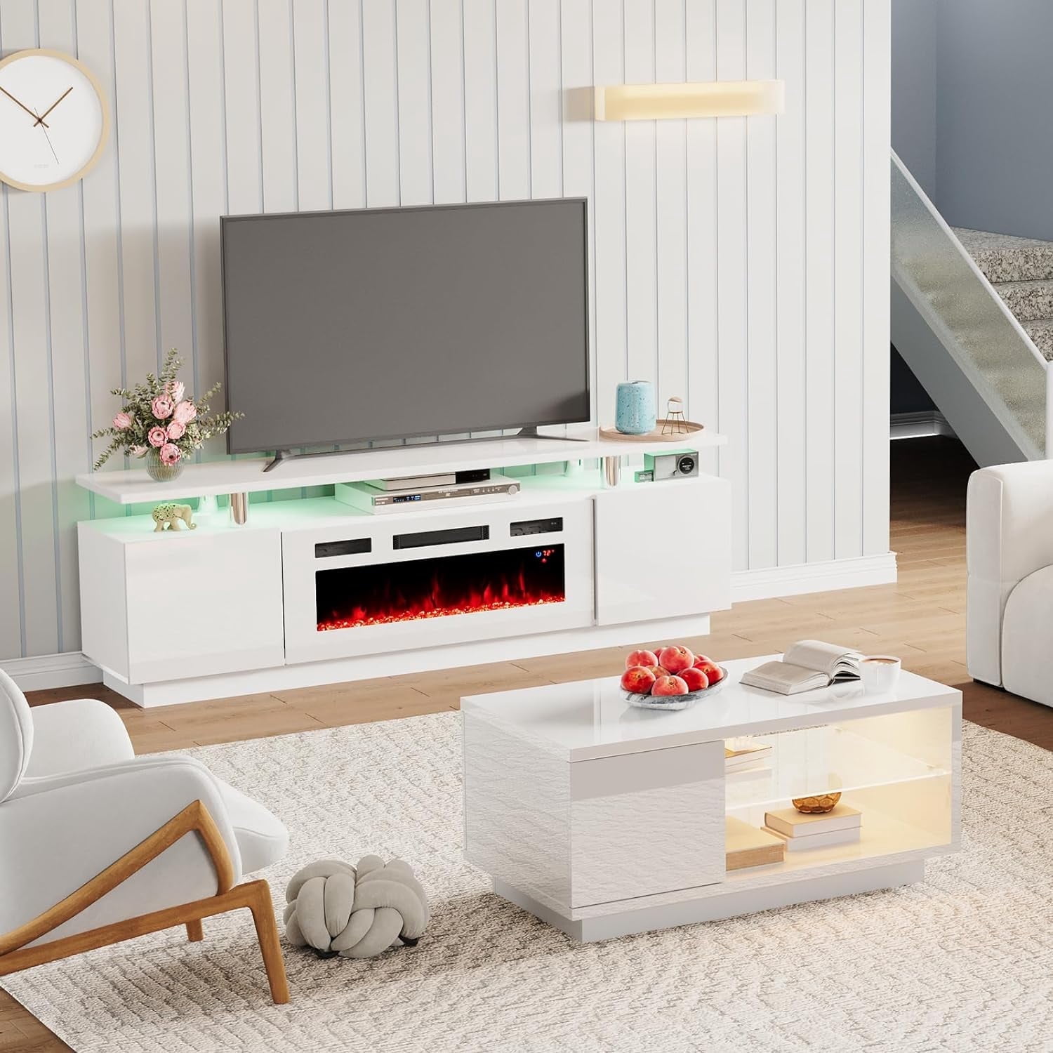 Merluxy Modern High Gloss Living Room Table Sets of 3, 2-Tier 70in ...
