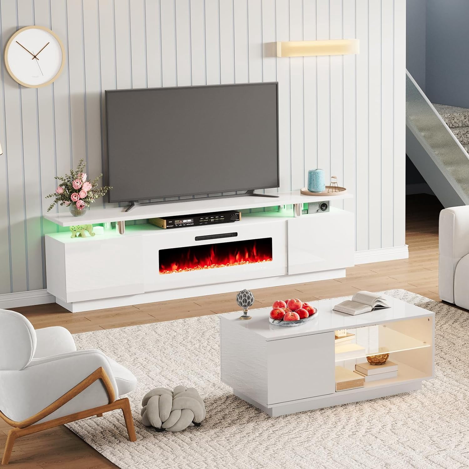 Merluxy Modern High Gloss Living Room Table Sets of 3, 2-Tier 80in ...