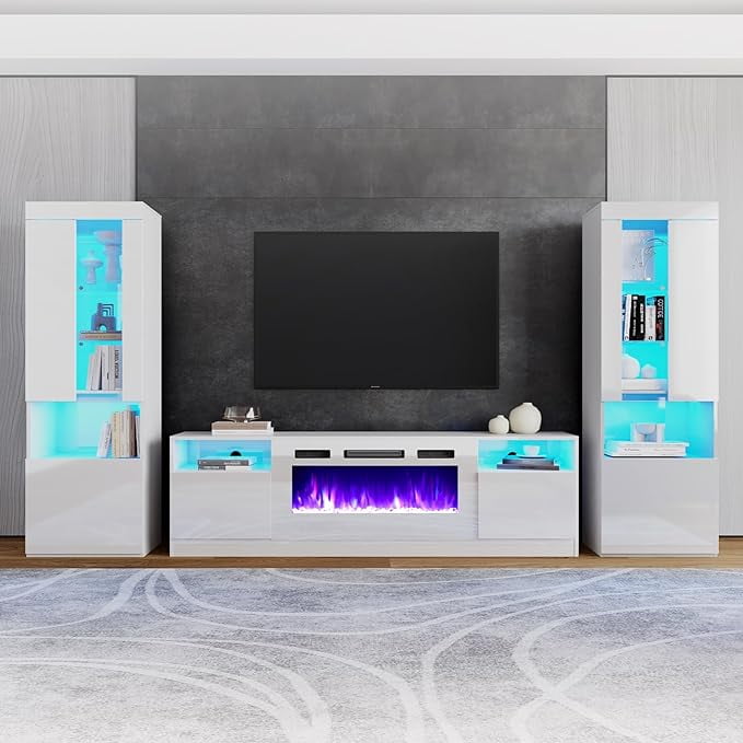AMERLIFE Modern Highgloss Fireplace Entertainment Center Set, Includes ...