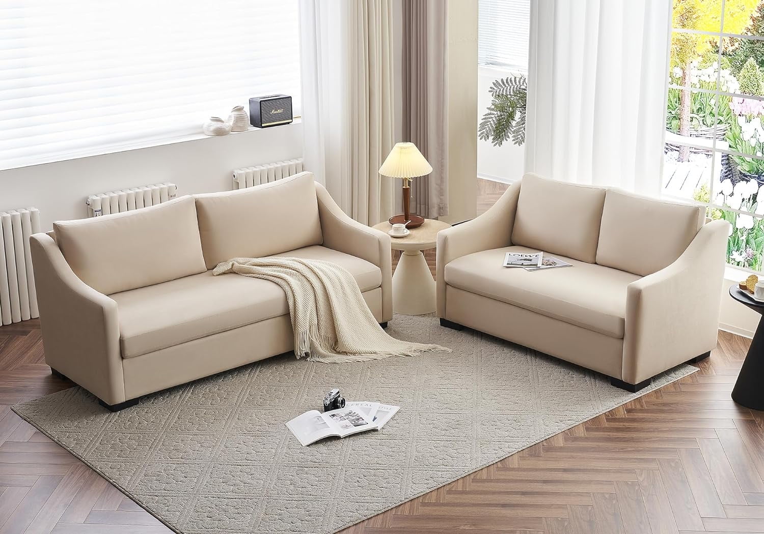 VANACC Modern Sofa, Slope Armrest- 2 Piece Set Sofa, Beige Chenille ...