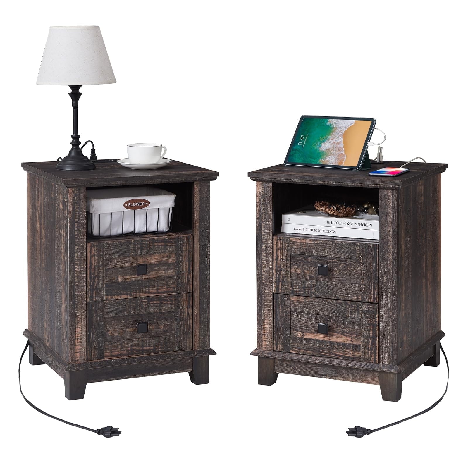 Merluxy Nightstand Set of 2 with Charging Station, 18" Farmhouse End ...