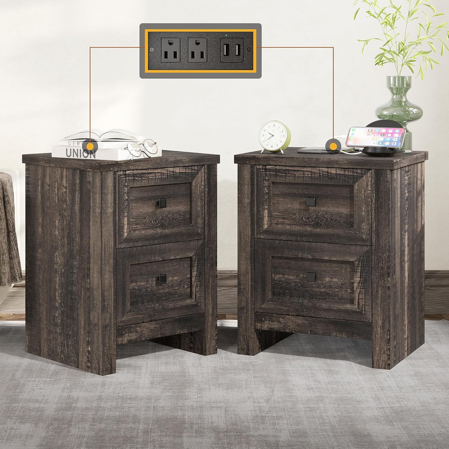 AMERLIFE Nightstand Set of 2 with Charging Station, Rustic Bedside ...