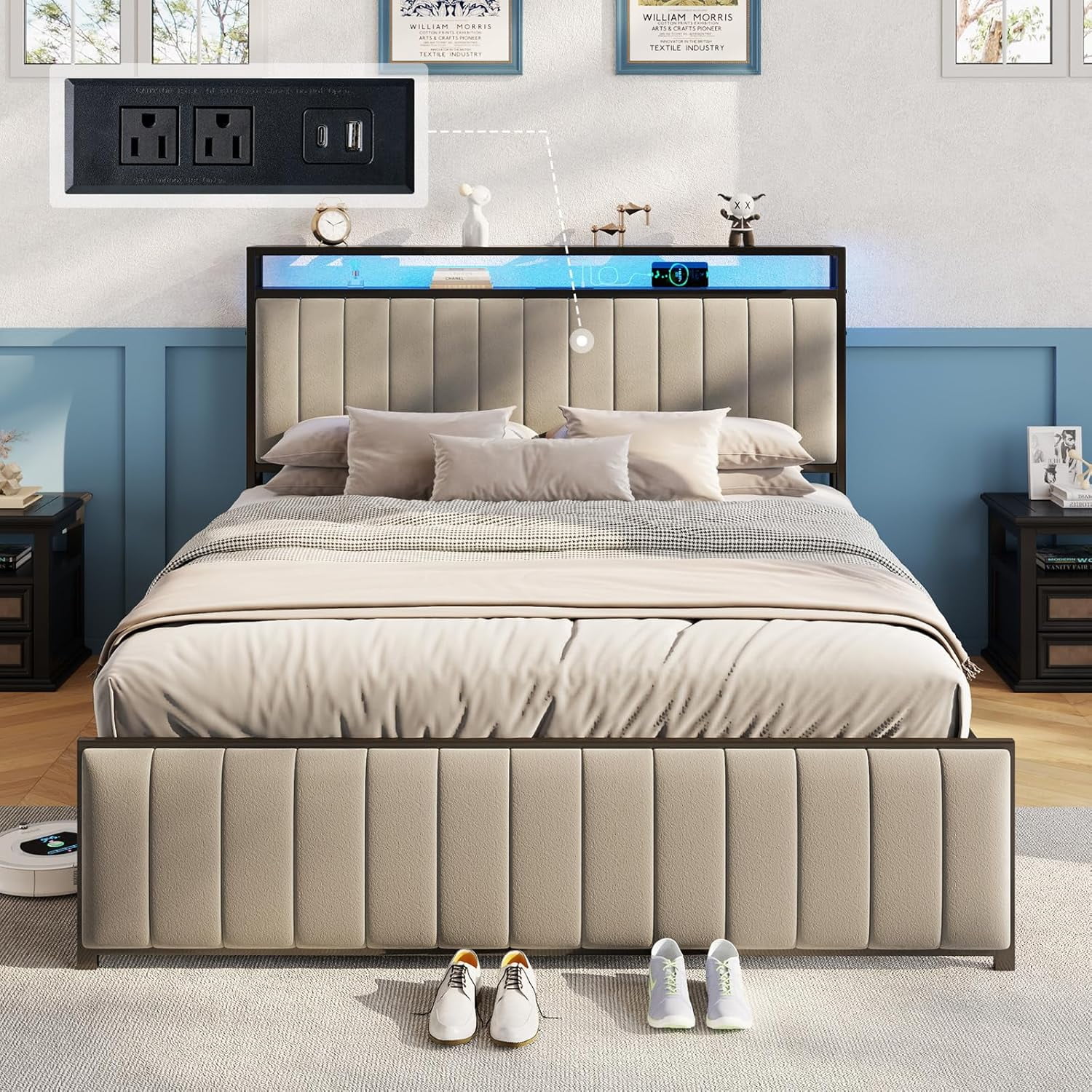 AMERLIFE Queen Bed Frame with Foldable Ottoman, Velvet Upholstered ...