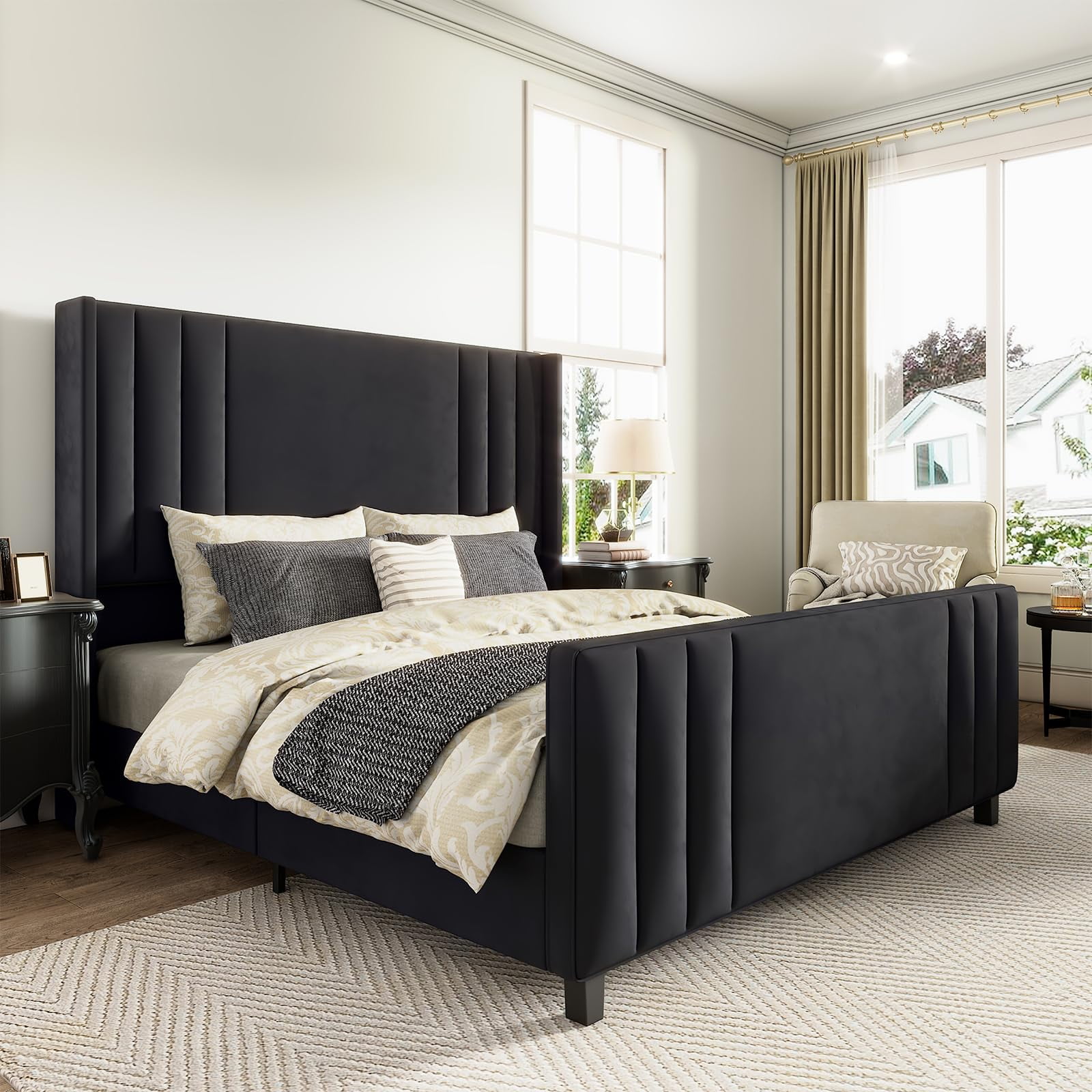 AMERLIFE Queen Velvet Upholstered Bed Frame, Platform Bed with Wingback ...