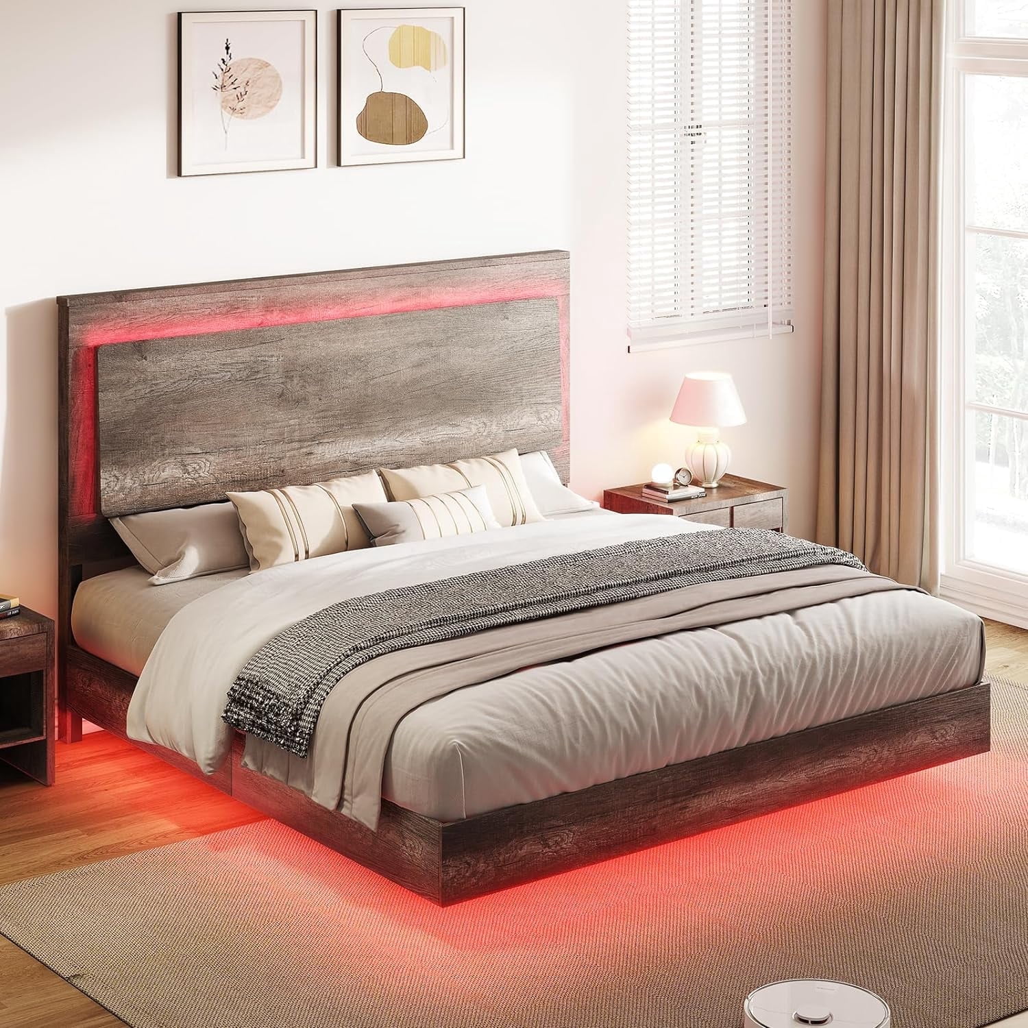 Merluxy Queen Floating Bed Frame with Recline Headboard,LED Light, No ...