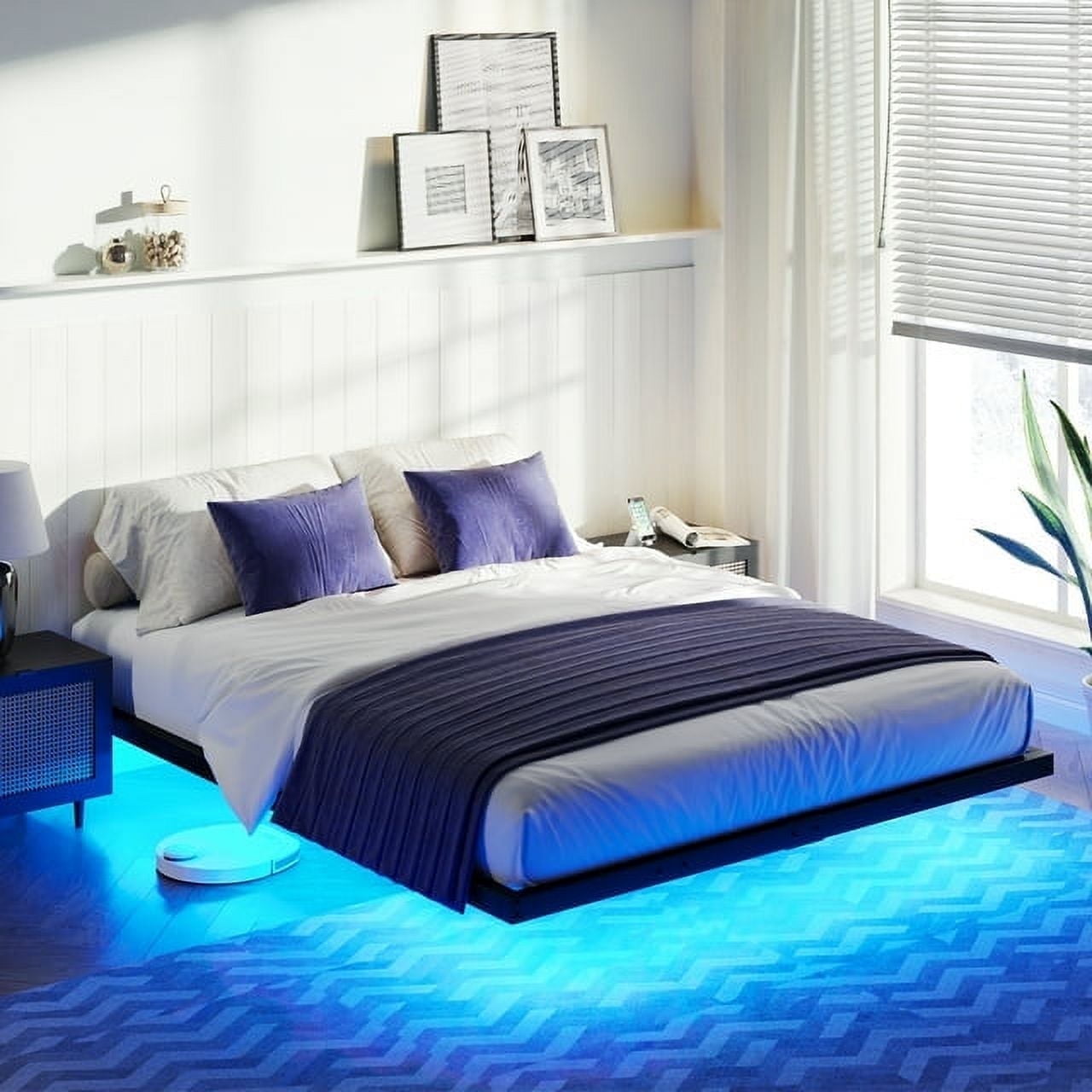 AMERLIFE Queen Floating Bed Frame, Under-Bed LED Lights, Sturdy Metal ...