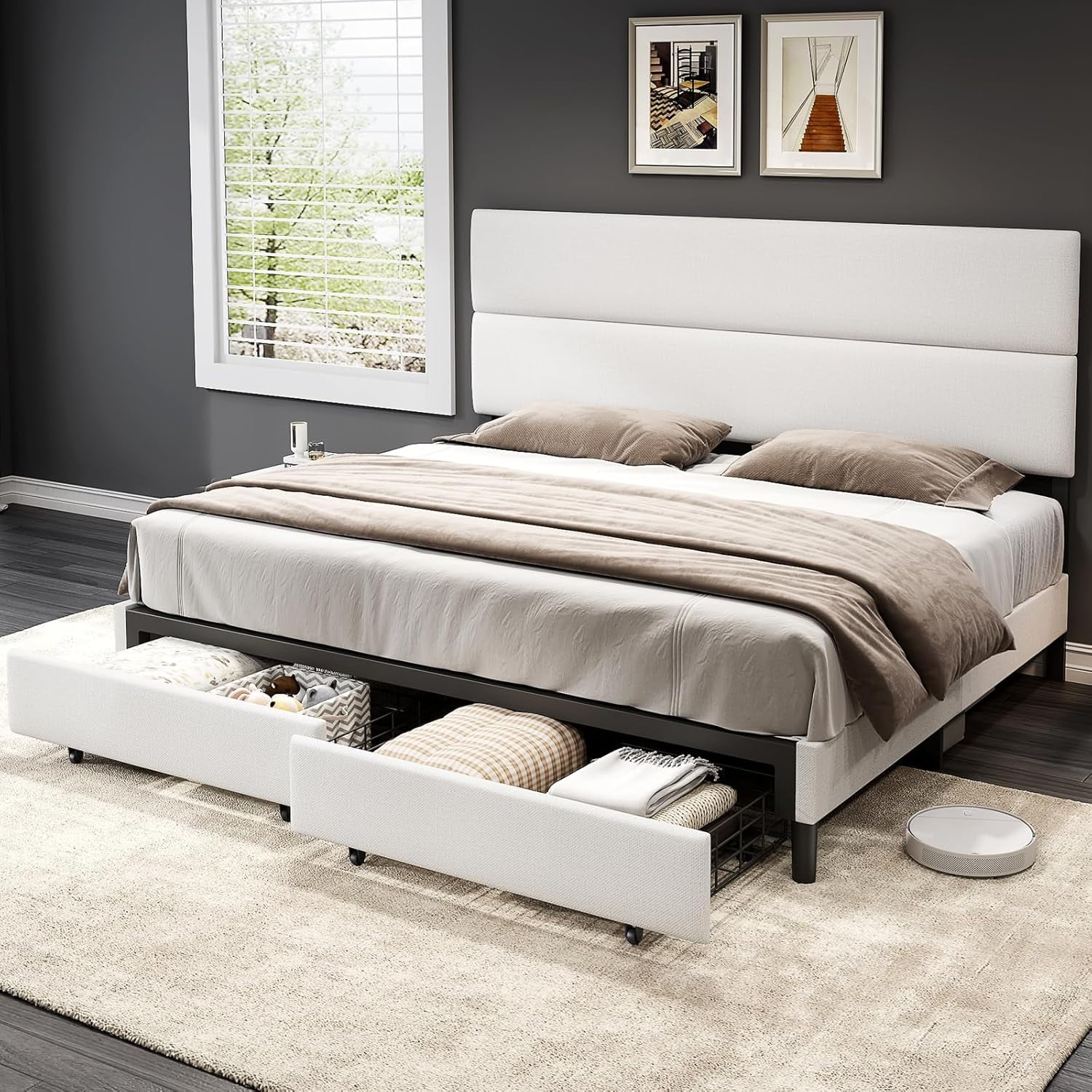 AMERLIFE Queen Size 47.6" Linen Upholstered Bed Frame, Platform Bed ...