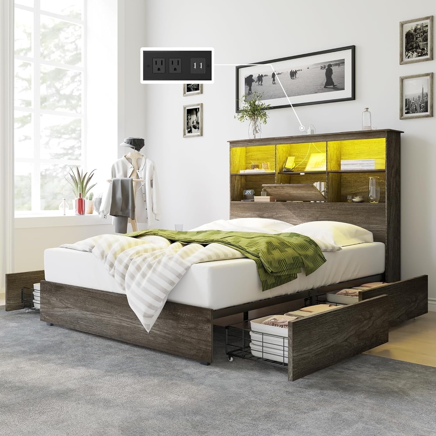 AMERLIFE Queen Bed Frame with 51.2 Bookshelf and USB Charging Station 4 Drawers Storage Noise Free Rustic Grey Walmart