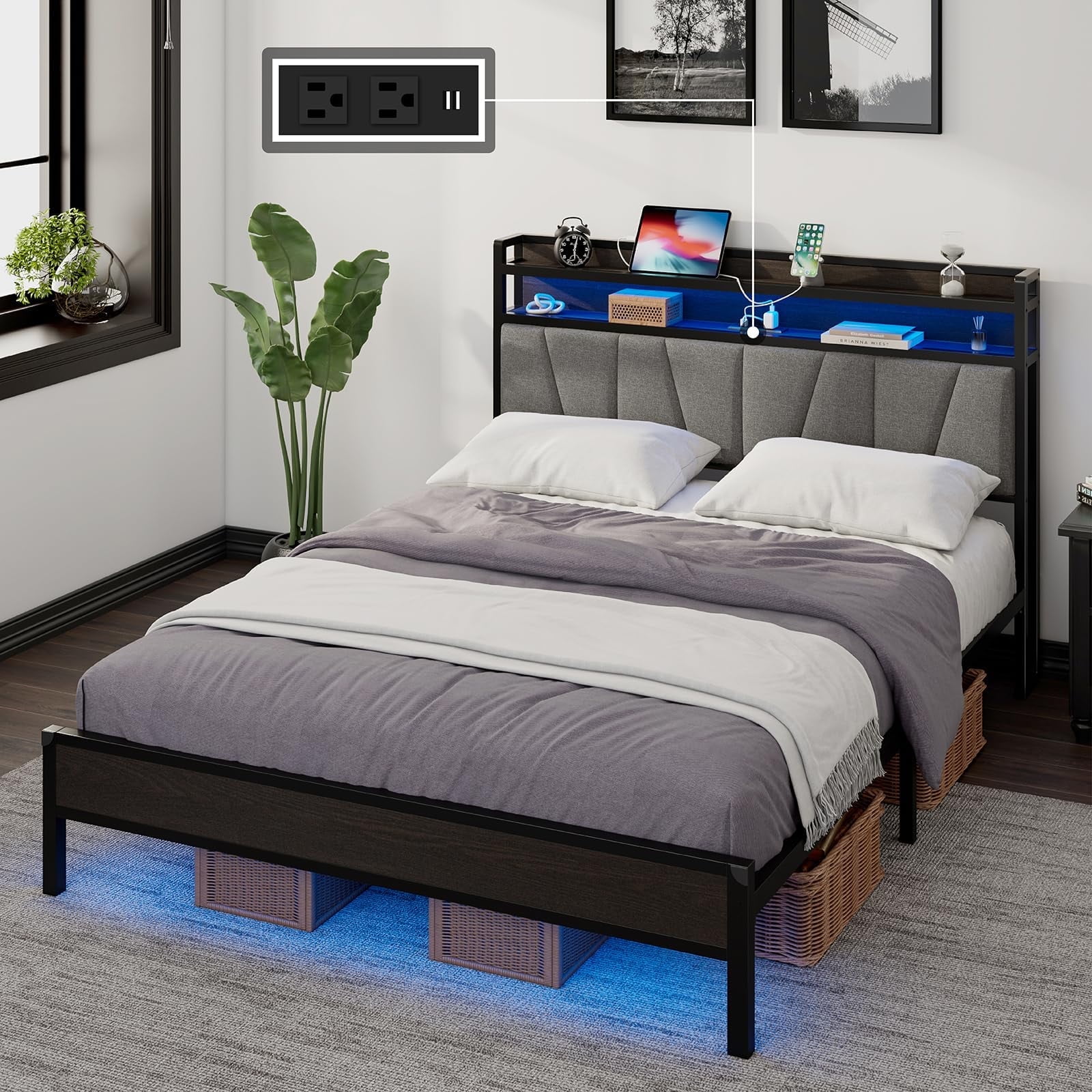 Merluxy Queen Size LED Bed Frame, Storage Headboard with Charging ...
