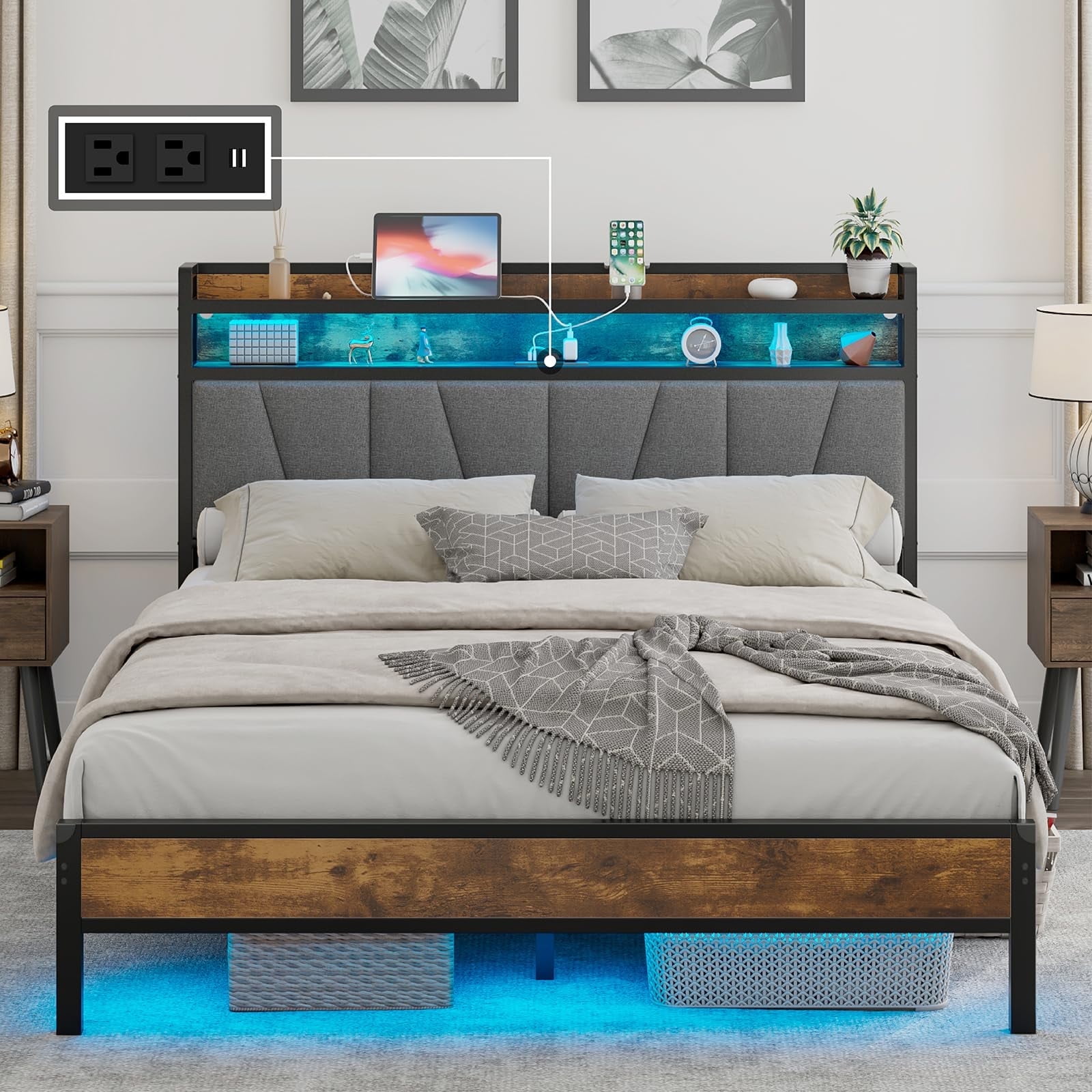 Merluxy Queen Size LED Bed Frame, Storage Headboard with Charging ...