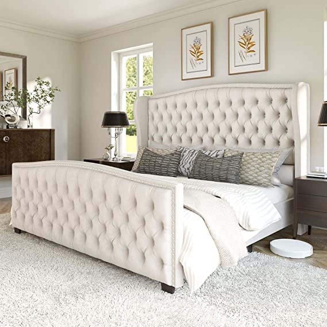 AMERLIFE McCarthy Bed Frame Queen Size Velvet Upholstered Platform Cream