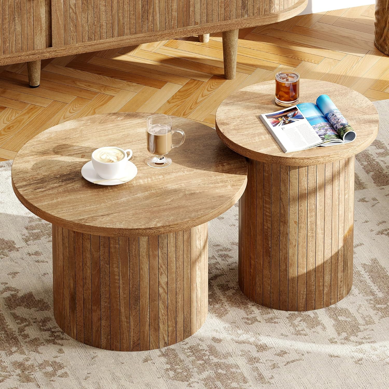 AMERLIFE Rustic Nesting Coffee Table Set of 2, Wood Finish Coffee Table ...