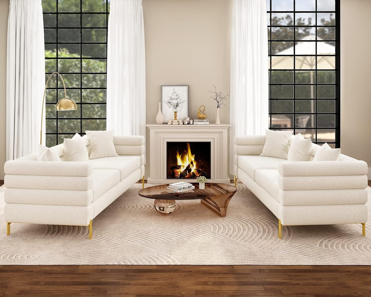 AMERLIFE Modern Oversized 85inch 2-Piece Set Sofa Couch - 3 Seater Bouclé White for Living Room ...