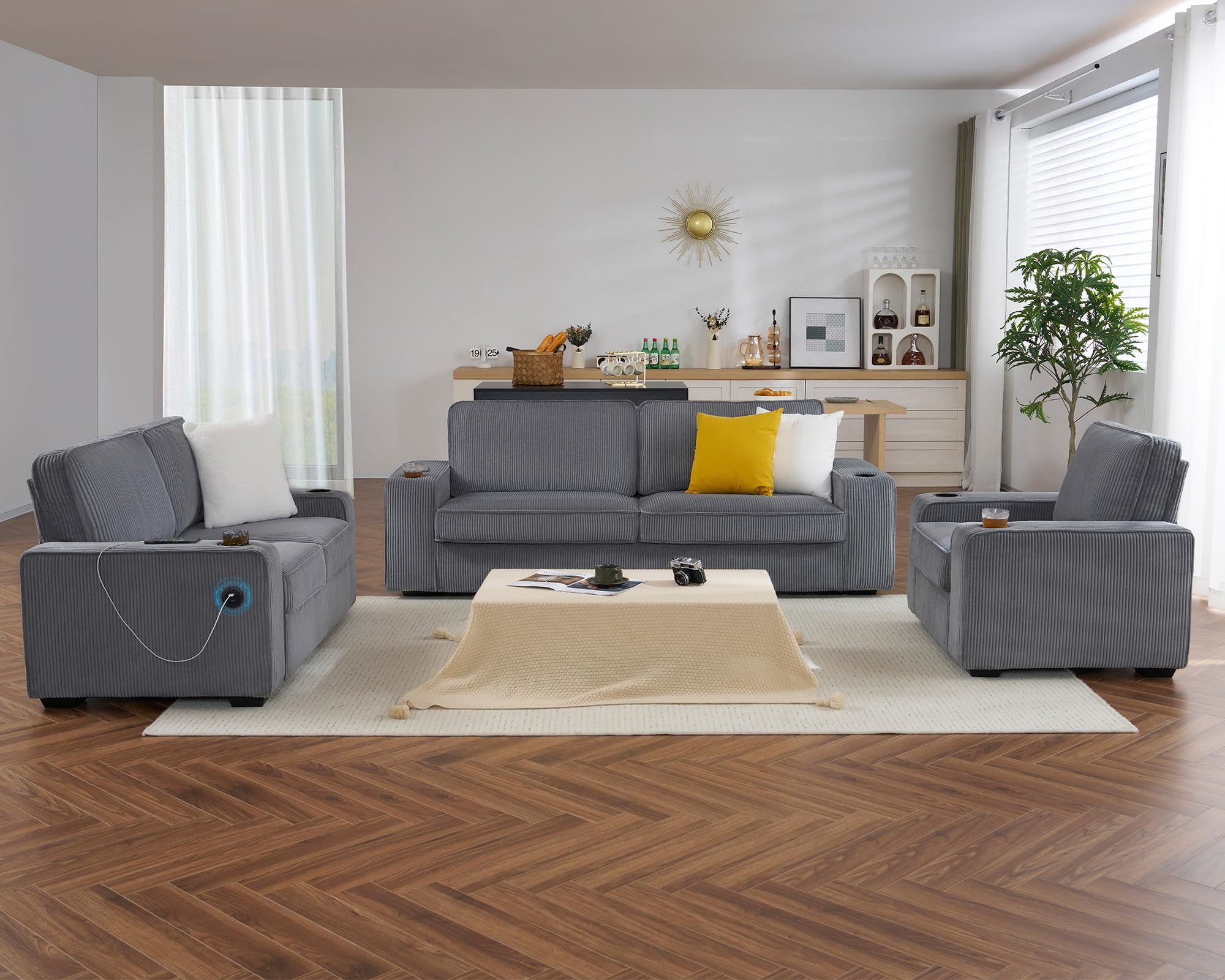 AMERLIFE Sofa, 3 Piece Set, Deep Seat Couches with Cup Holders & USB Charging Ports, Modern ...