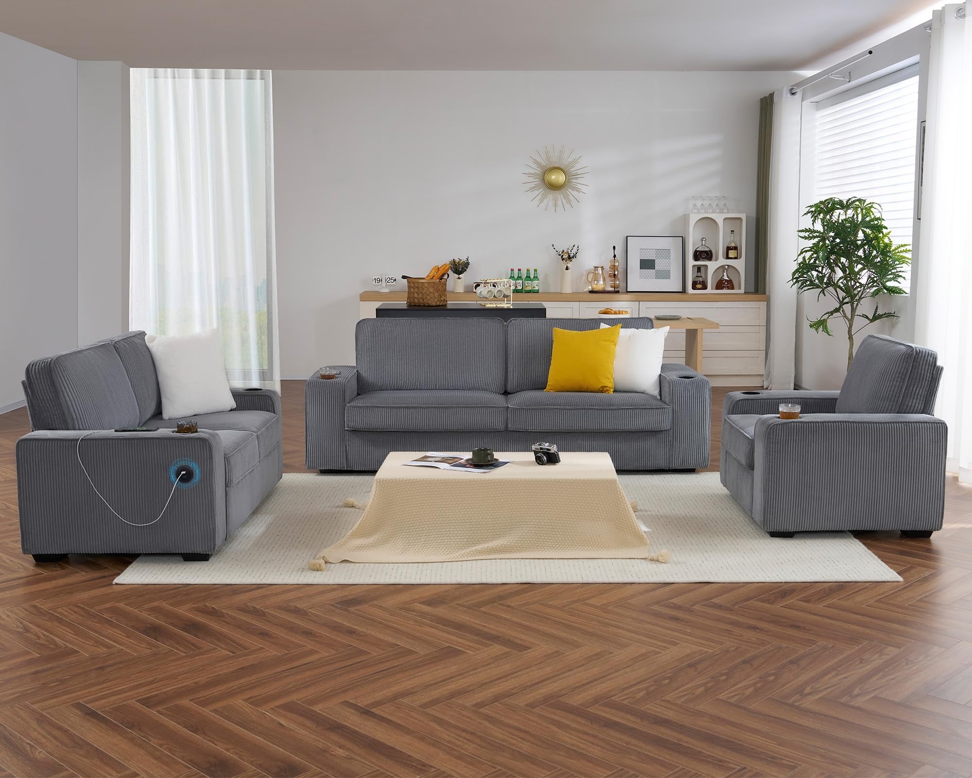 VANACC Sofa, 3 Piece Set, Deep Seat Couches with Cup Holders & USB ...