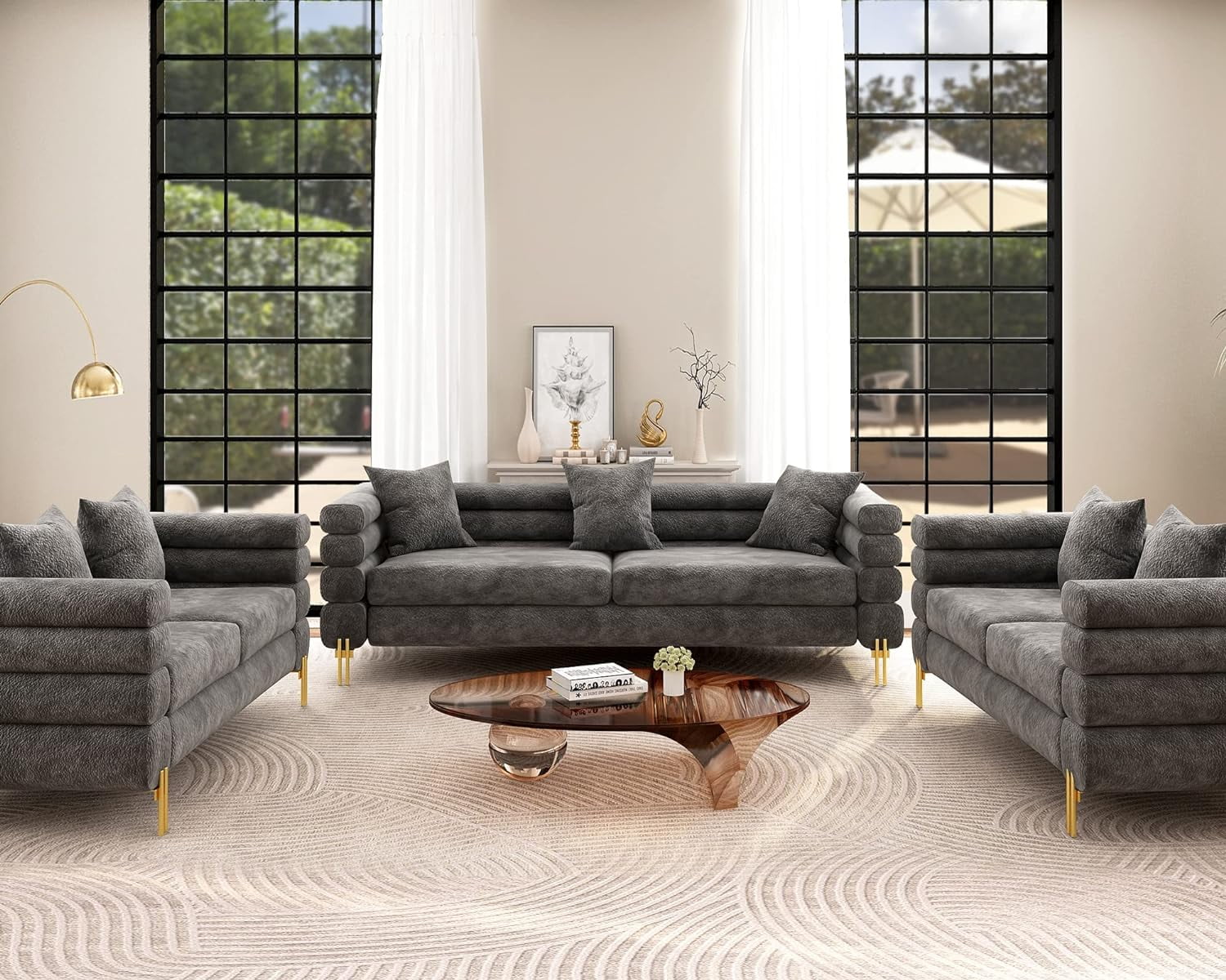 AMERLIFE Indoor Furniture, Oversize York 3-Seater Sofa with Deep Seat, Boucl√© Upholstery(Dark ...