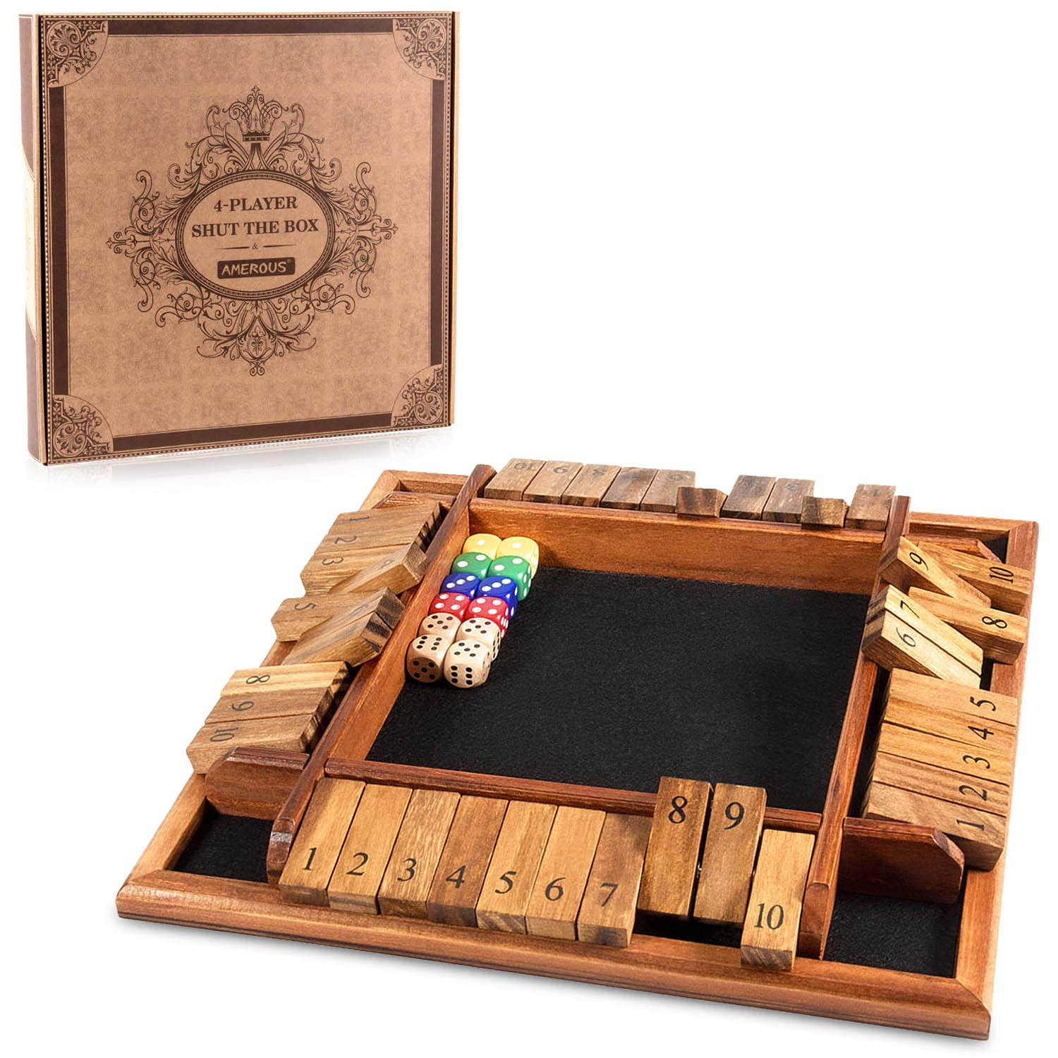 AMEROUS 1-4 Players Shut The Box Dice Game, Wooden Board Table Math ...