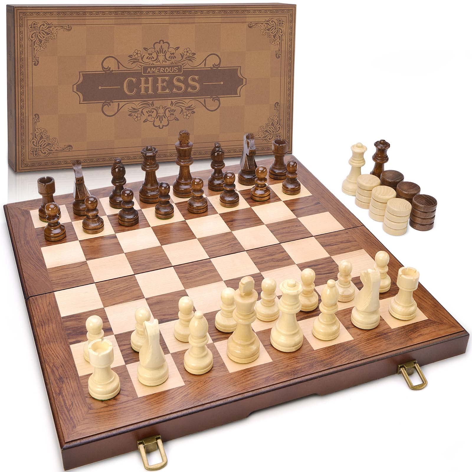 AMEROUS Wooden Chess & Checkers Set BSL1 with Upgraded Weighted Chess ...