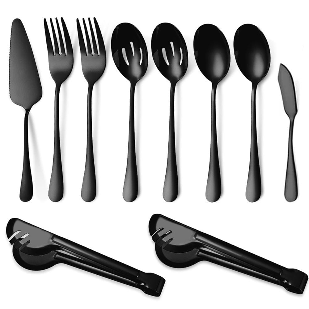 AMERTEER 10PCS Black Serving Utensils Set Stainless Steel Flatware with ...